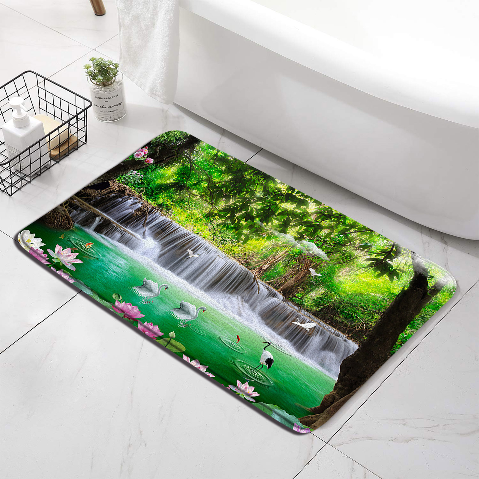 Park Waterfall Bath Mat Set Spring Rustic Green Plant Nature Landscape ...