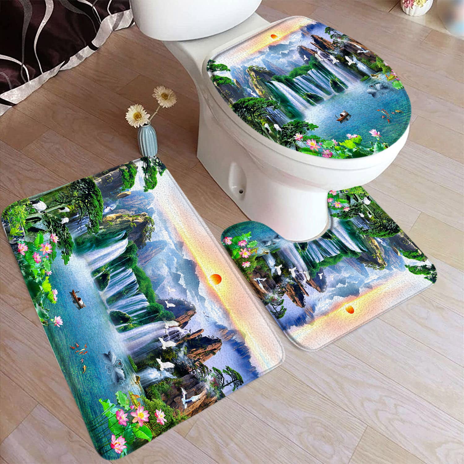 Park Waterfall Bath Mat Set Spring Rustic Green Plant Nature Landscape ...