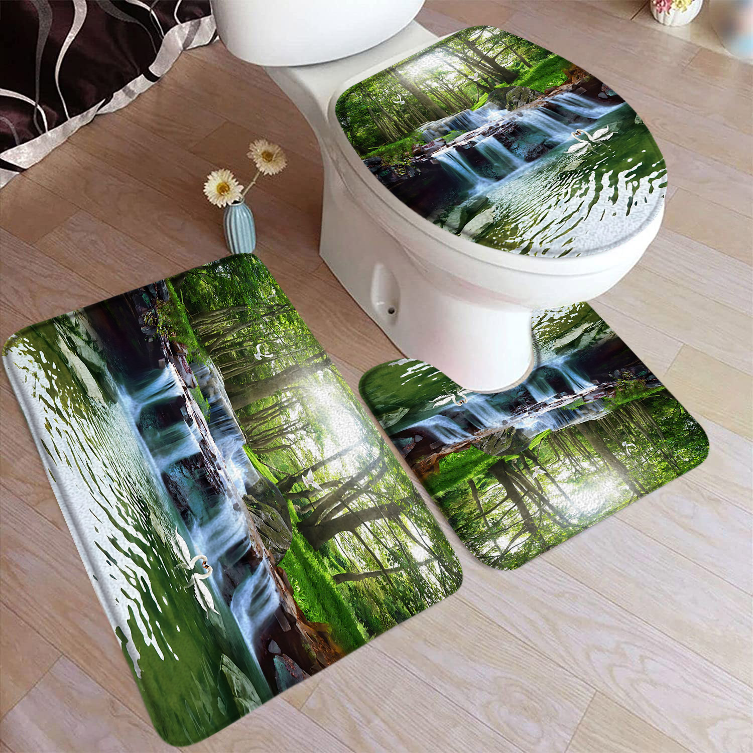 Park Waterfall Bath Mat Set Spring Rustic Green Plant Nature Landscape ...