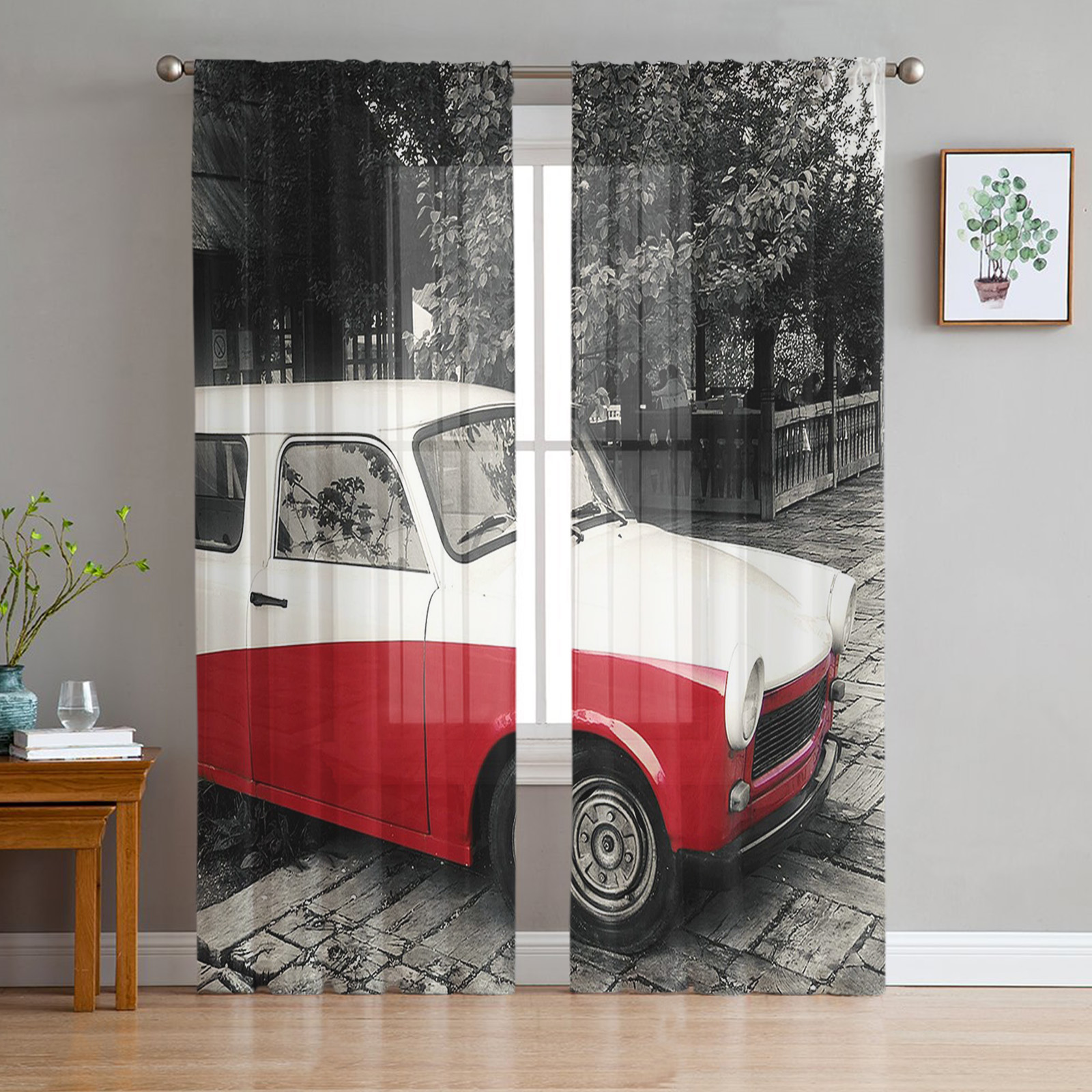 Parked Red And White Retro Cars Window Curtains Bedroom Modern Drape ...