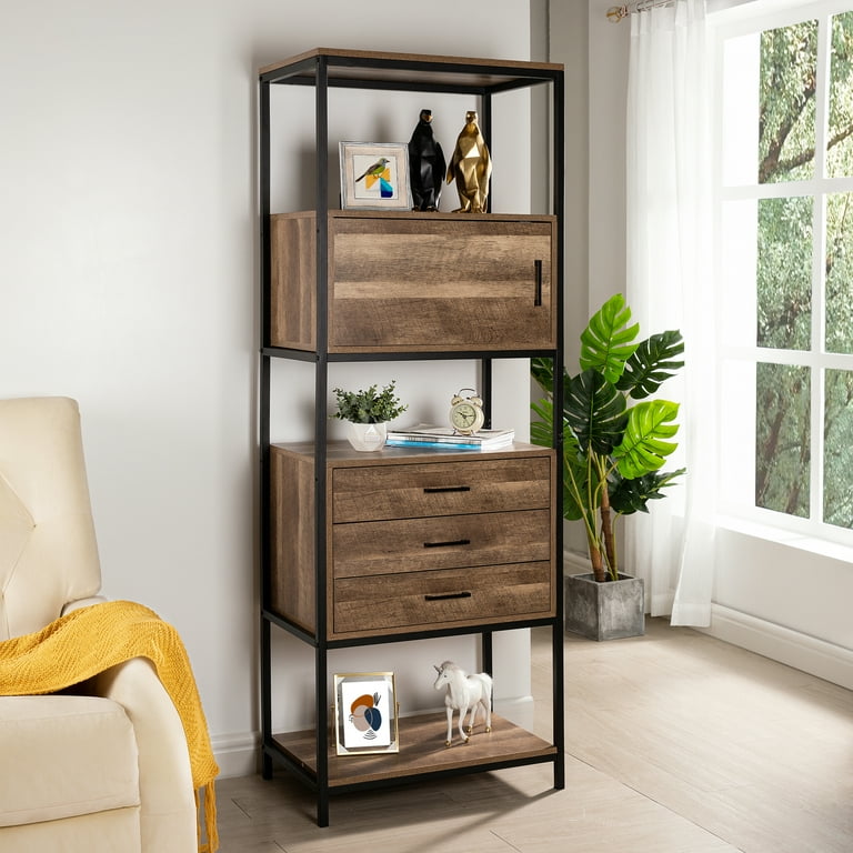 Naomi Home Parker Bookcase with Storage Shelves Contemporary Bookshelf with Pullout Sliding Drawers Book Shelf Organizer with Metal Frame Closet Sh