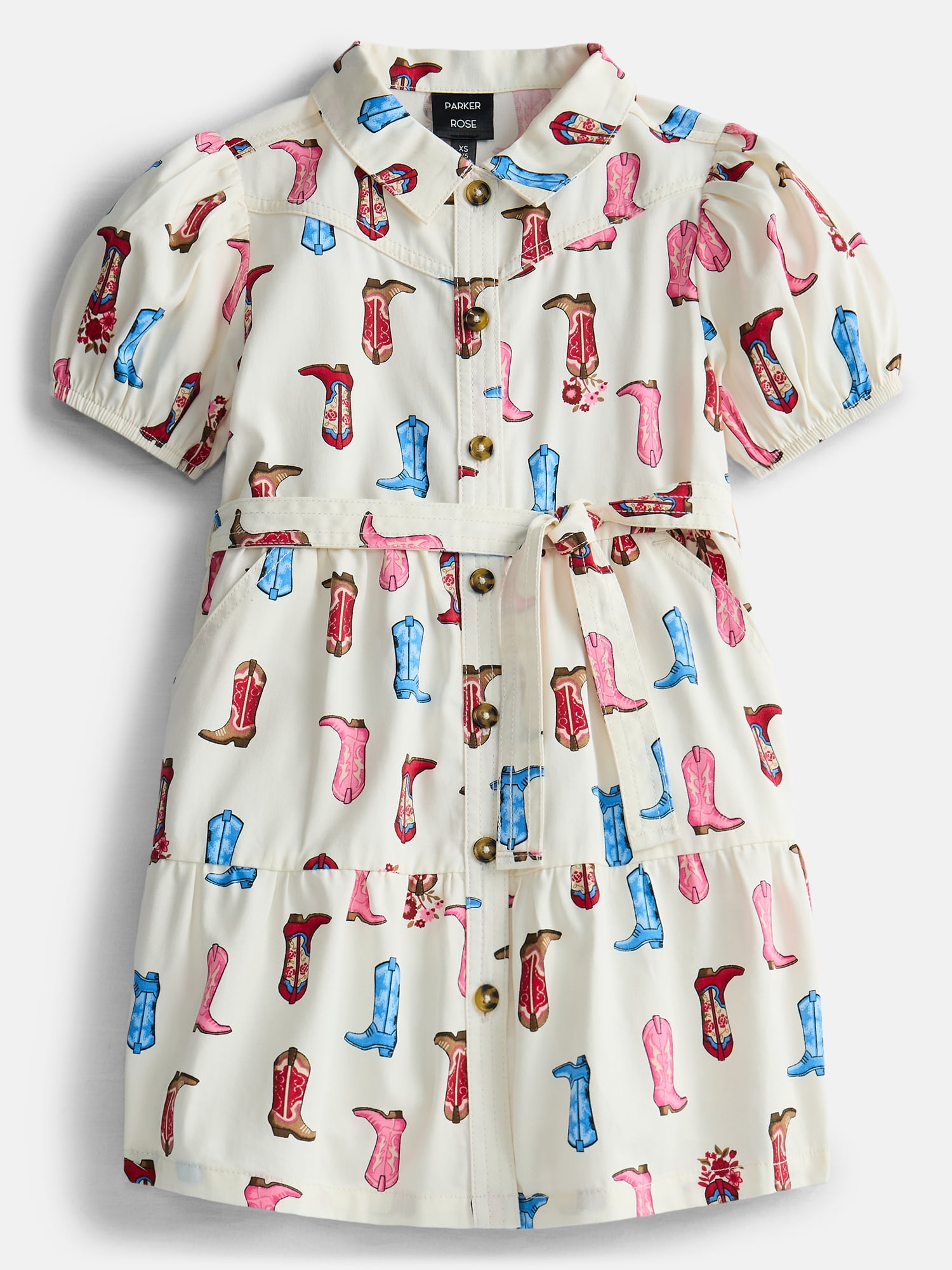 Parker Rose Girls Button Front Tie Waist Dress with Puff Sleeves, Sizes ...