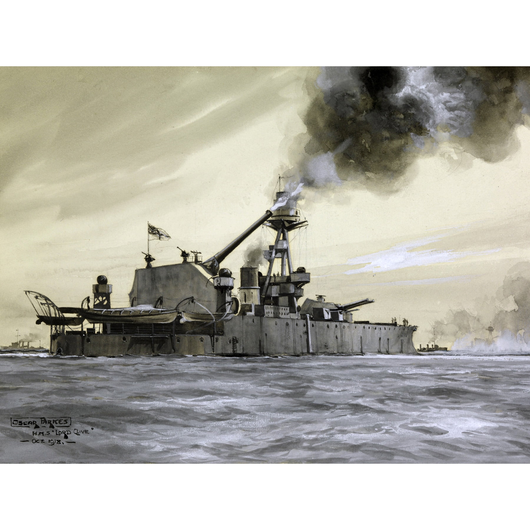 Parkes HMS Lord Clive Shelling German Forts War Painting Extra Large ...