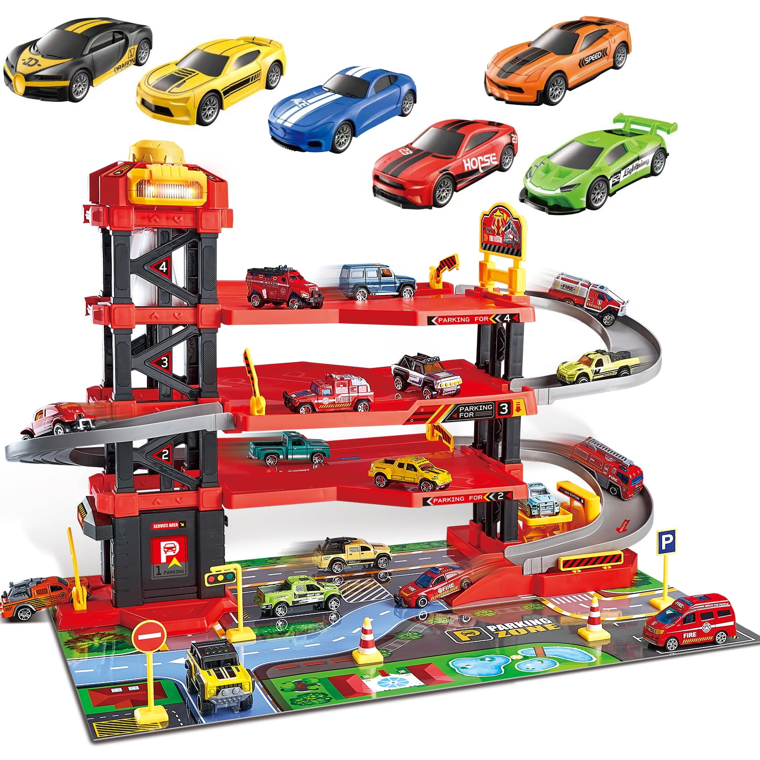 Parking Garage Toy Playset, Parking Garage Playset Toy with Play Mat 6 ...