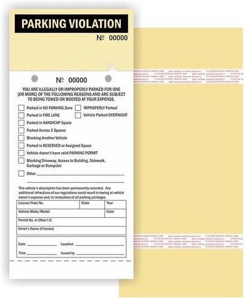 Parking Violation - 2 Part Carbonless Manila Tag with Perforation Stub ...