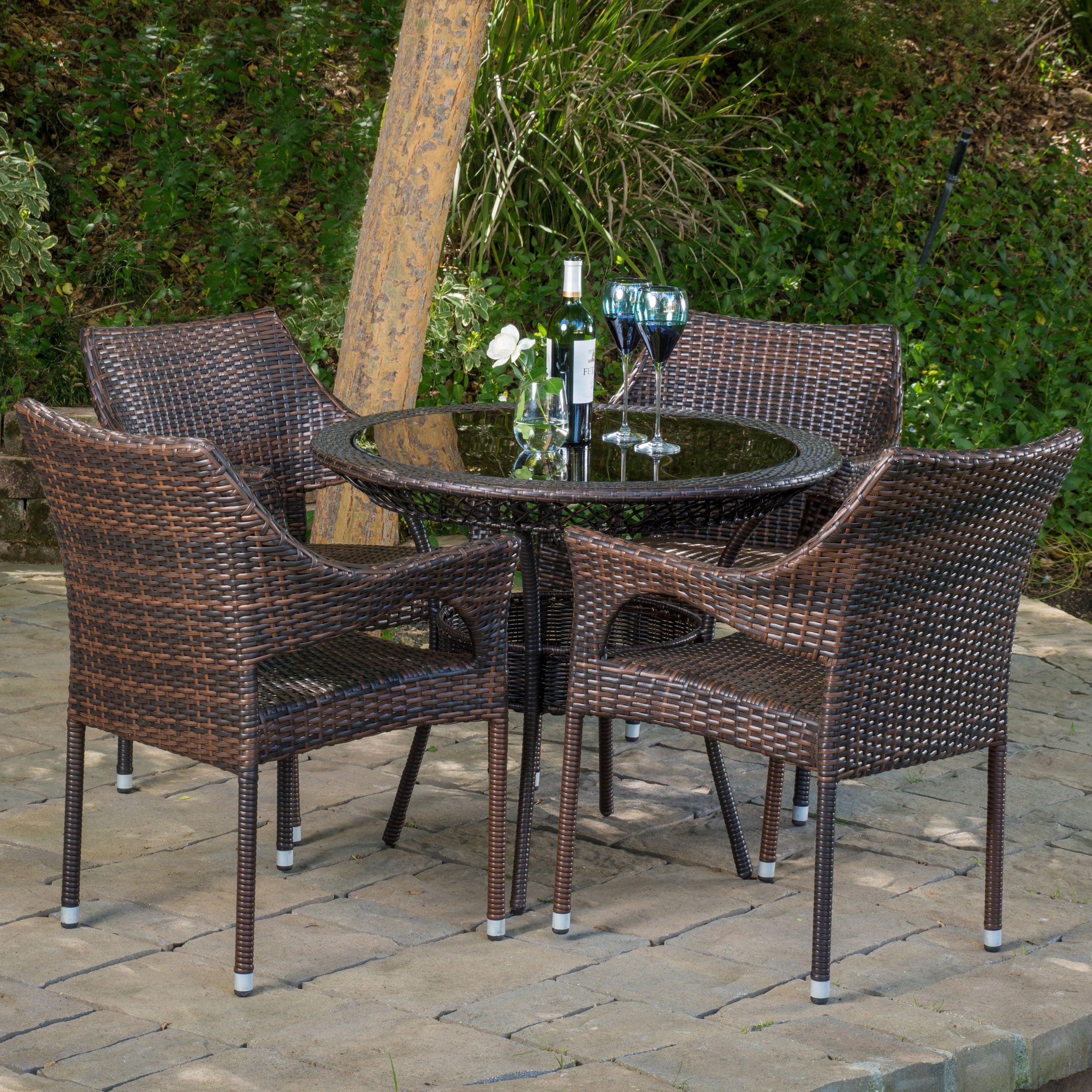 Parks 5-Piece Outdoor Round Glass Top Wicker Dining Set, Multi-Brown ...