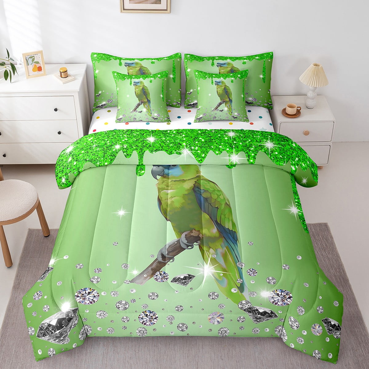 Parrot 7 Piece Comforter Set Full Bed in a Bag,Green Sequin Fluid Art ...