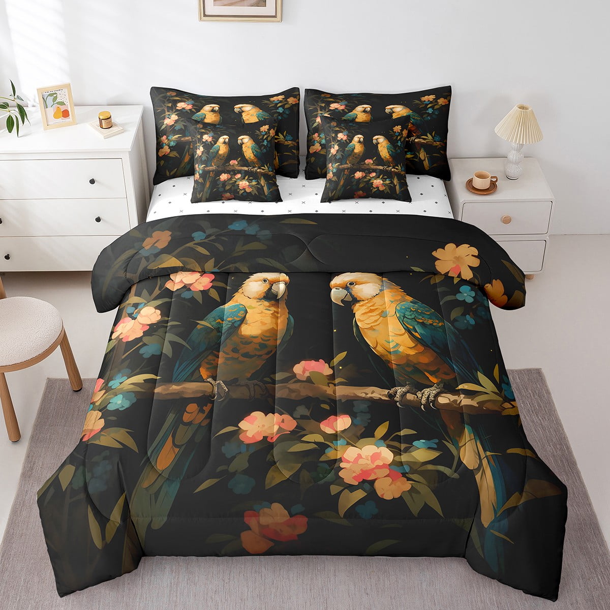 Parrot Animal King Comforter Set 7 Pieces Pink Floral Flower Bedding ...