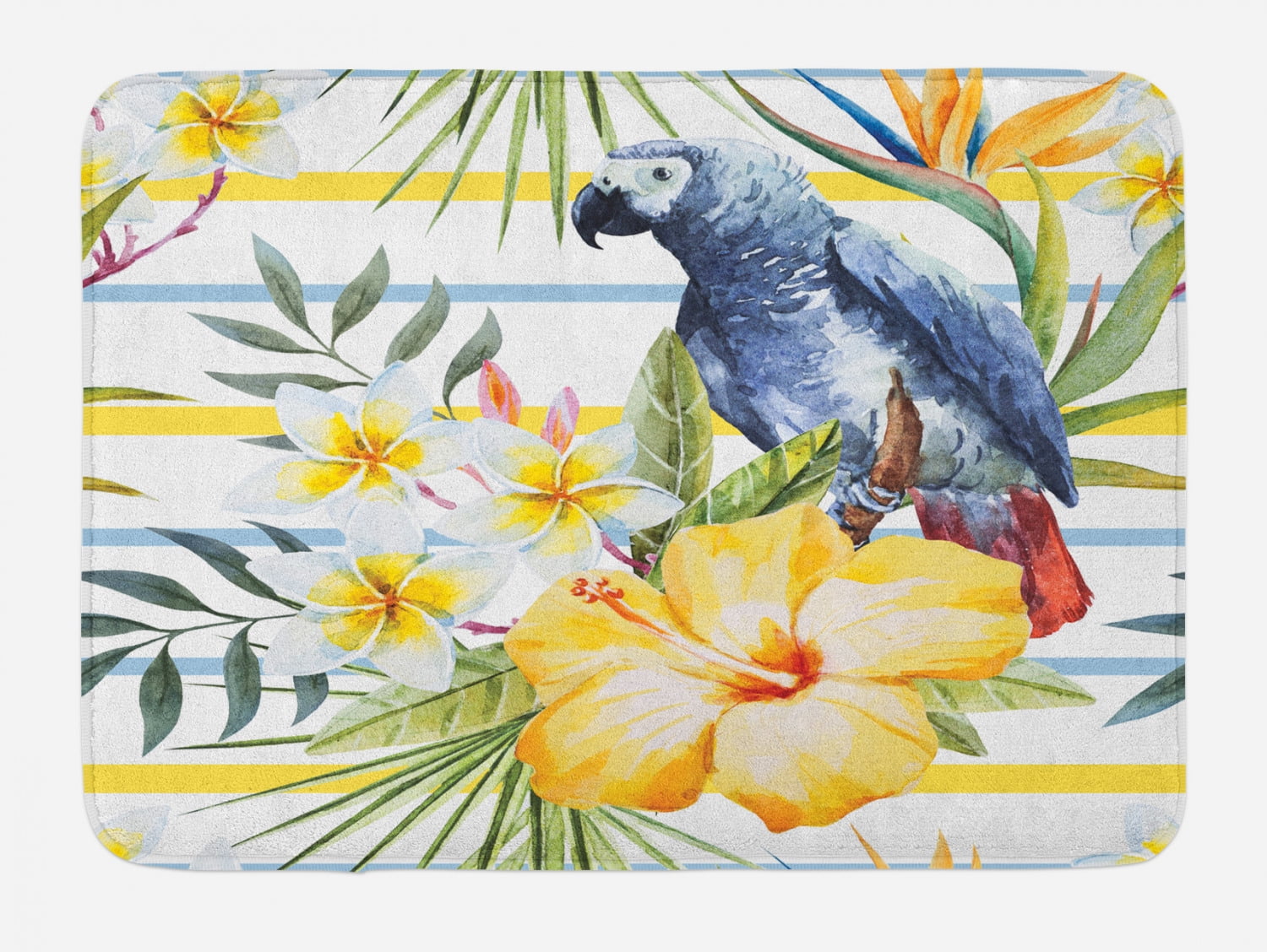 Parrot Bath Mat, Tropic Pattern with Parrot Orchids and Hibiscus ...