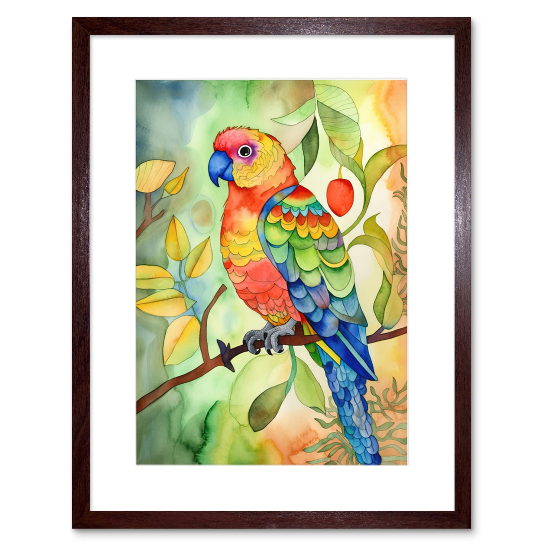 Parrot Bird On Tree Branch Folk Art Watercolour Painting Artwork Framed ...