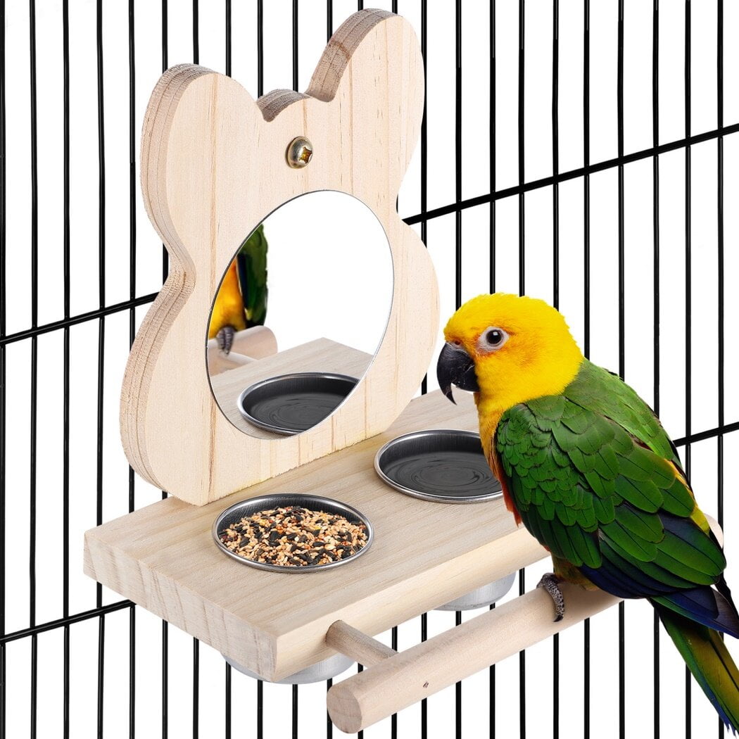 Parrot Bird Perch with Mirror and Feeding Cups, Wooden Parrot Mirror ...