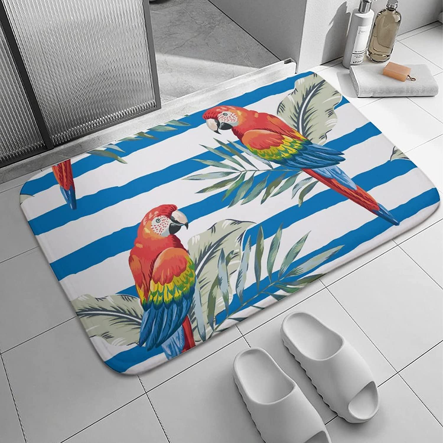 Parrot Blue Stripe Tropical Leaf Welcome Mat Porch Funny Doormat Home ...