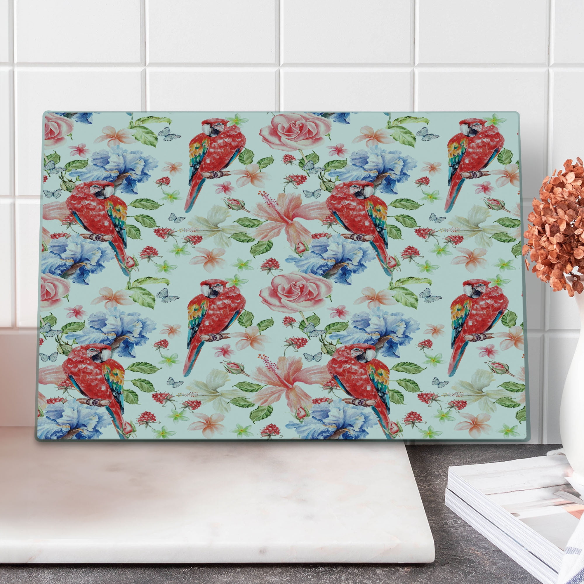 Parrot Cutting Board, Pastel Colored Parrots Iris and Roses on Berry ...