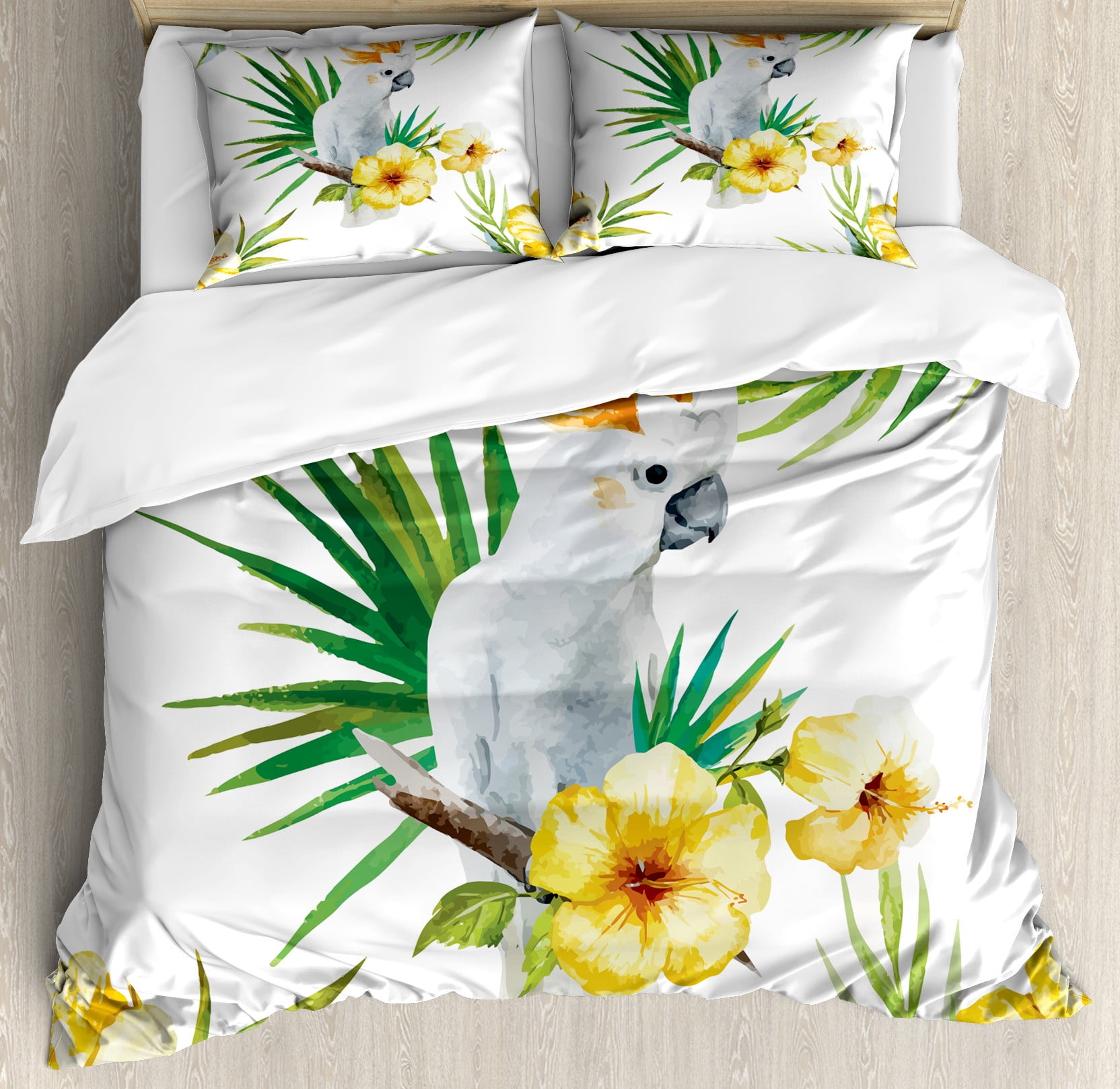 Parrot Duvet Cover Set, Hibiscus with Bird Intelligent Mimic Animals ...