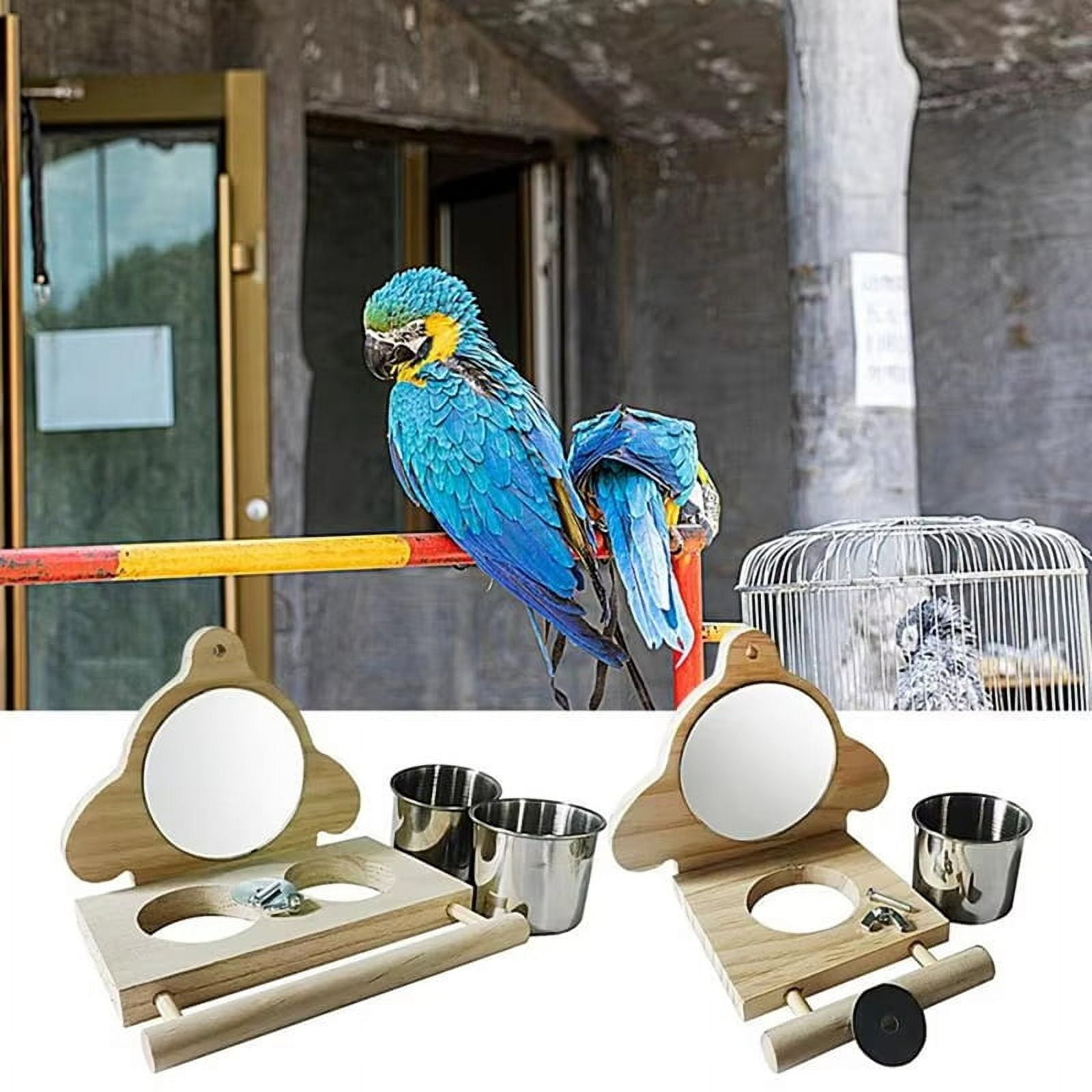 Parrot Perch Wooden Parakeet Mirror Toy Bird Parrot Perch with Mirror ...