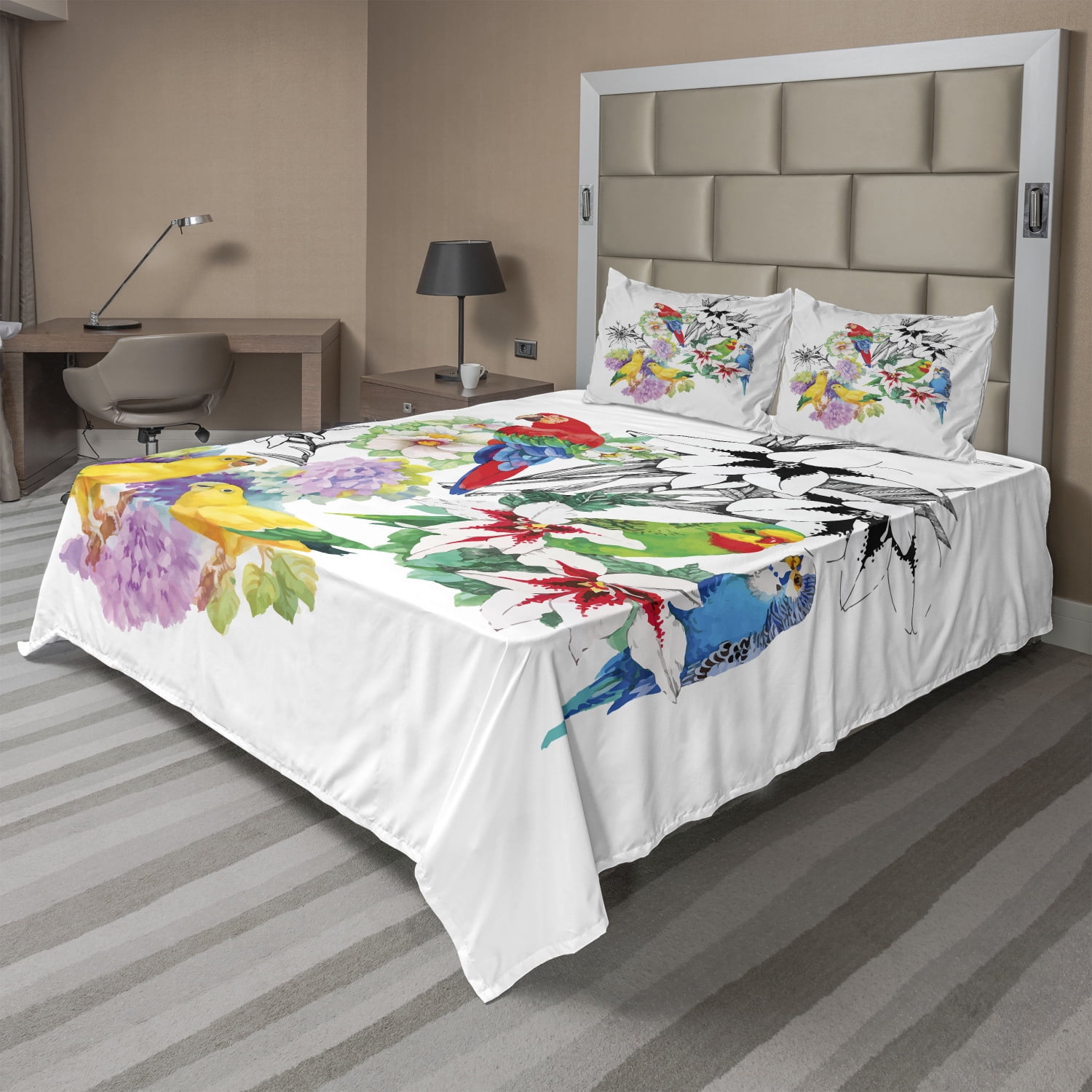 Parrot Sheet Set, Parrots Observing the World on Top of Floral Foliage ...