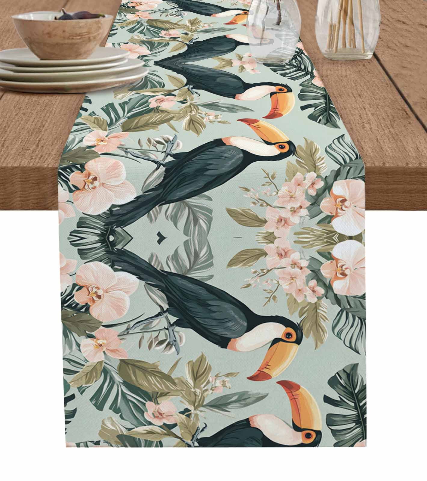Parrot Summer Table Runner 72 Inches, Tropical Palm Leaf Pink Flower ...
