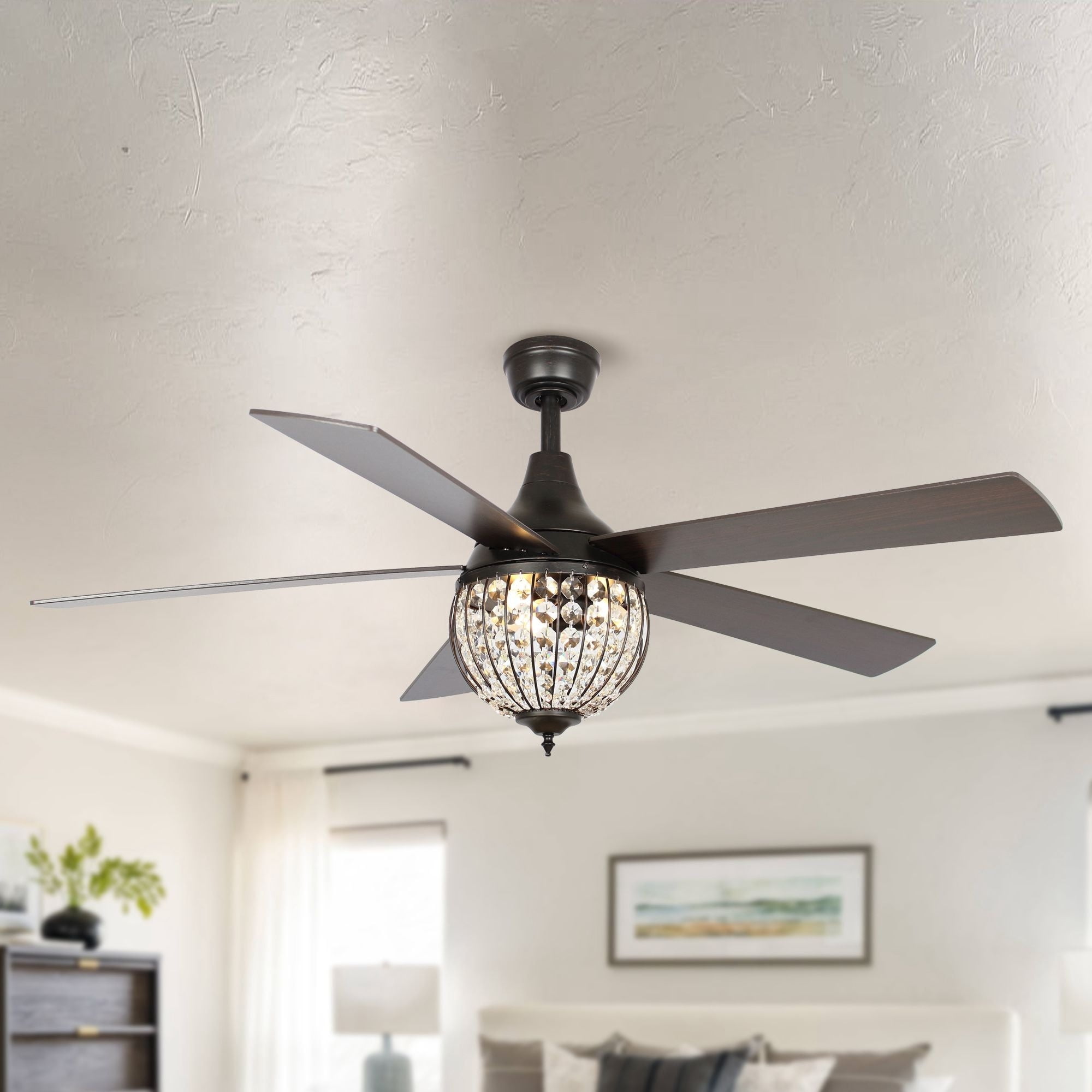 Parrot Uncle 52" Black Wood 5-Blade Industrial Crystal Ceiling Fan with ...