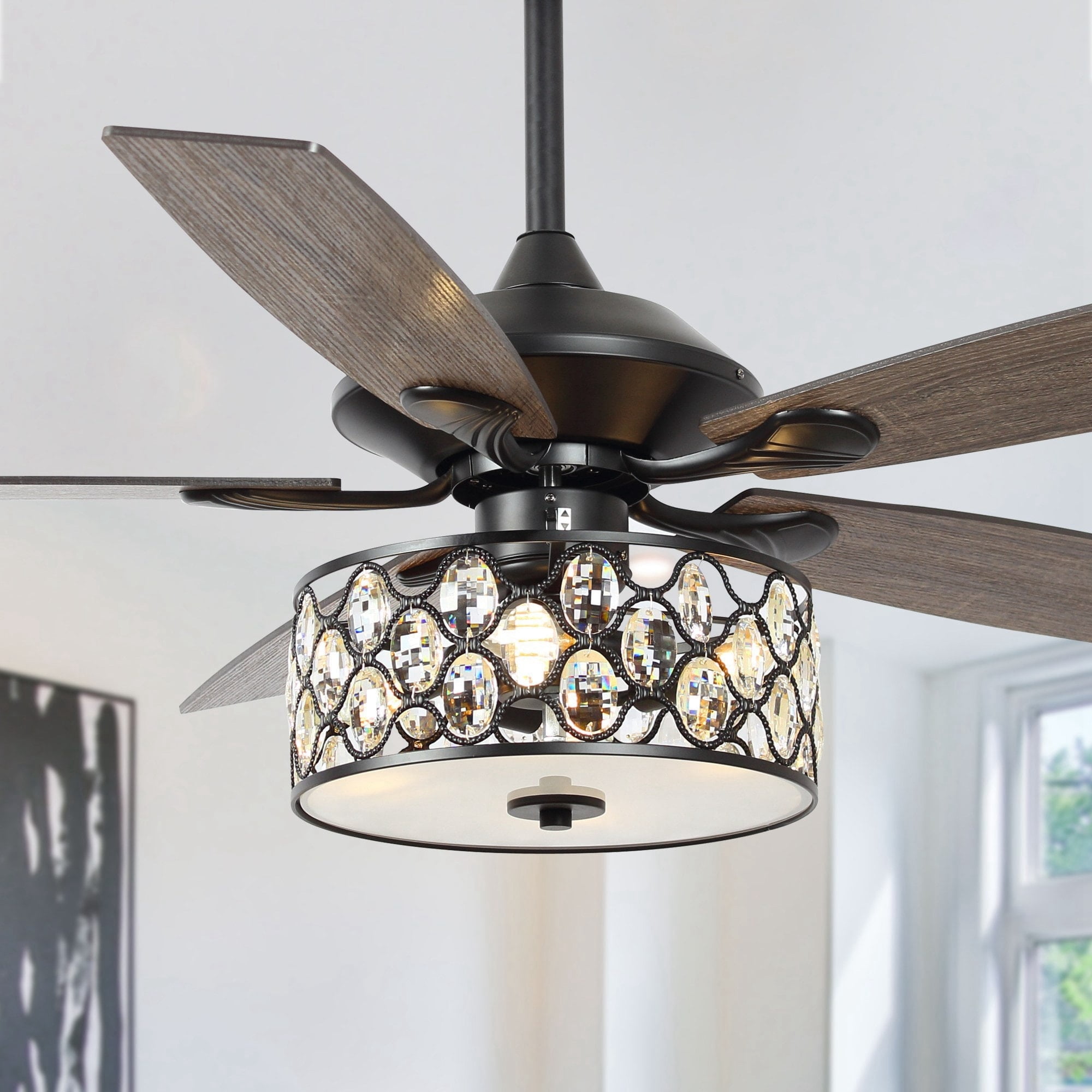 Parrot Uncle 52" 4-Light Chandelier Crystal Ceiling Fan, Matte Black ...