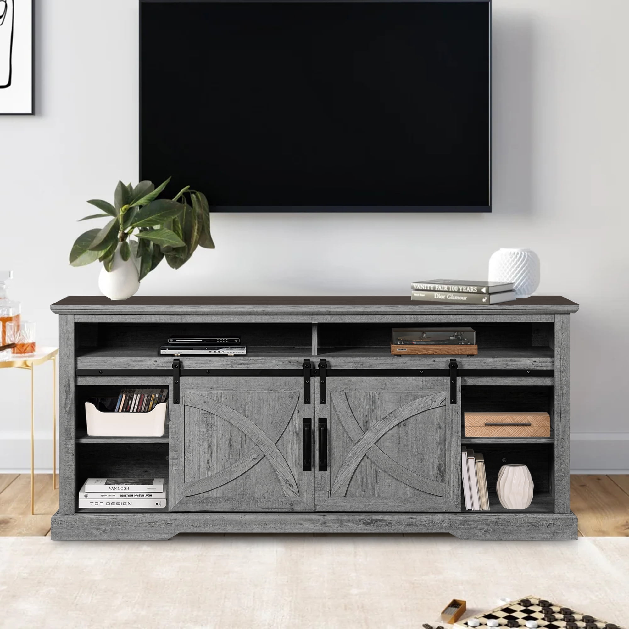 IHOMEadore Farmhouse 68" Gray TV Stand for 78" TVs, Traditional Media ...