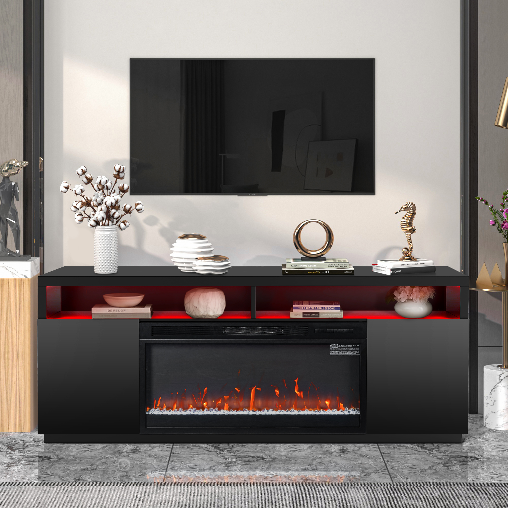 IHOMEadore Modern Black 68 Inch TV Stand with Fireplace for TVs up to ...