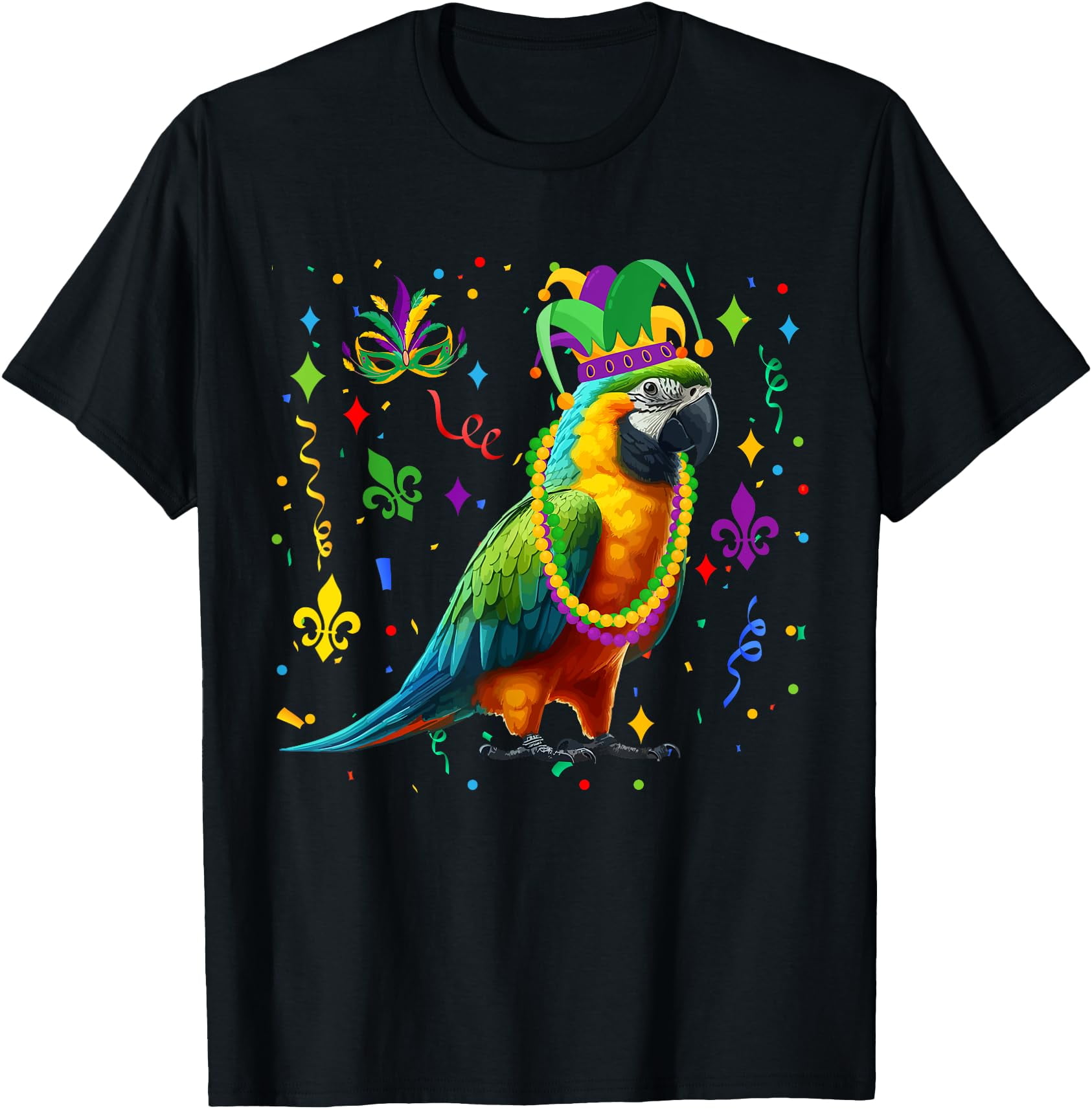 Parrot Wearing Mardi Gras Beads Jester Hat Masked Parades T-Shirt Mardi ...