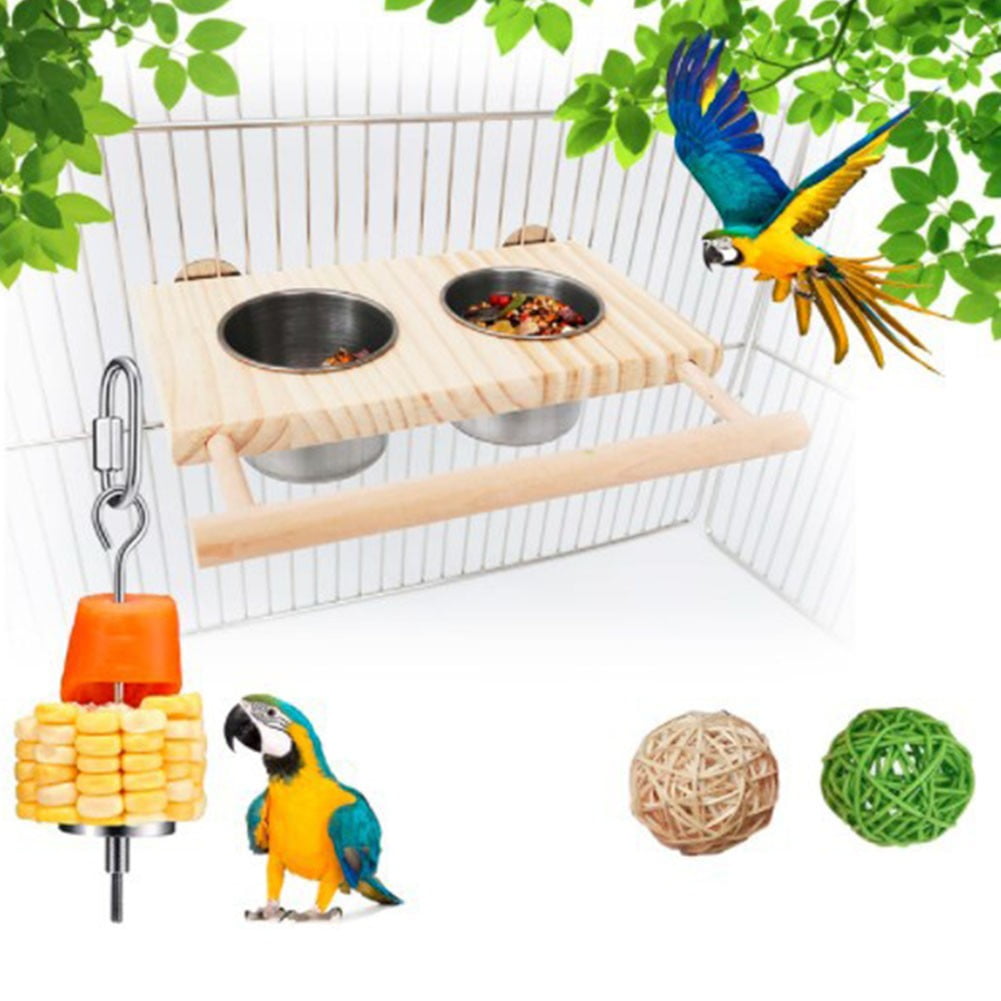 Parrot bird stainless steel food bowl rack fruit fork rattan ball set ...