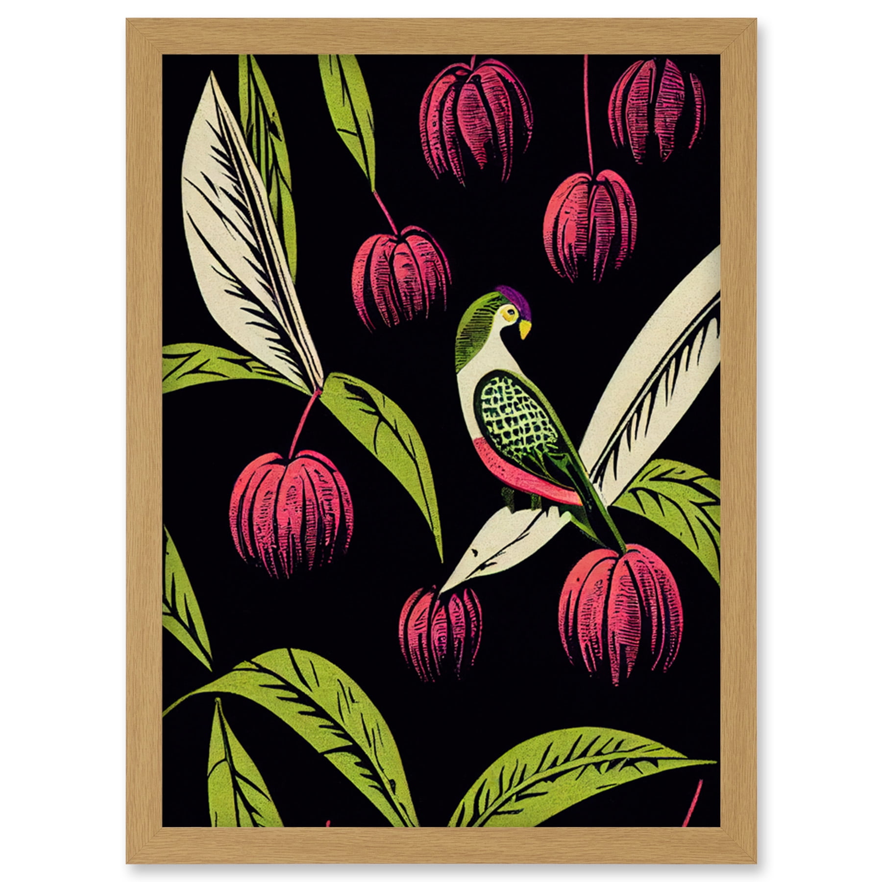Parrot in Tree Fruit Bright Green and Pink Black Colour Linocut ...