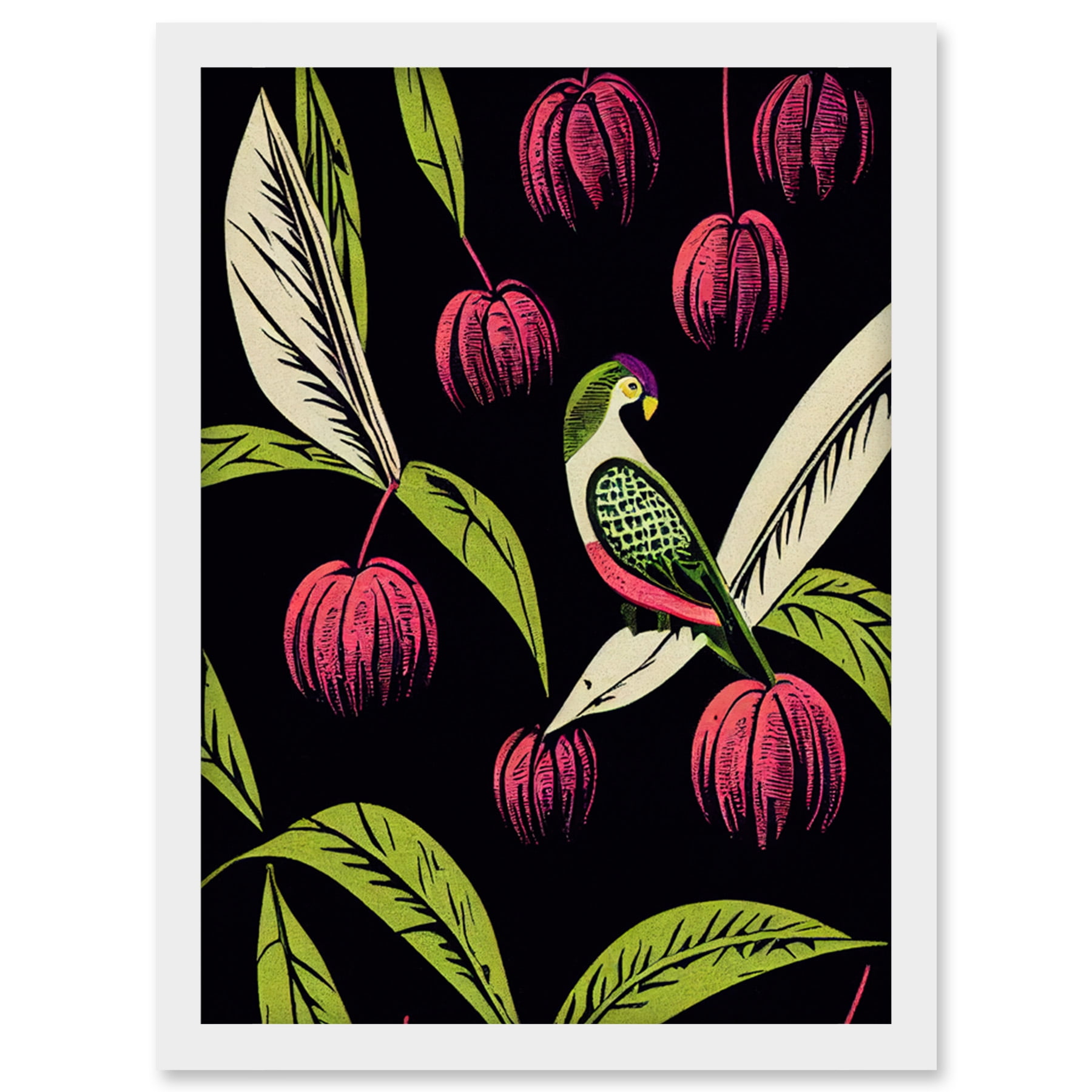 Parrot in Tree Fruit Bright Green and Pink Black Colour Linocut ...