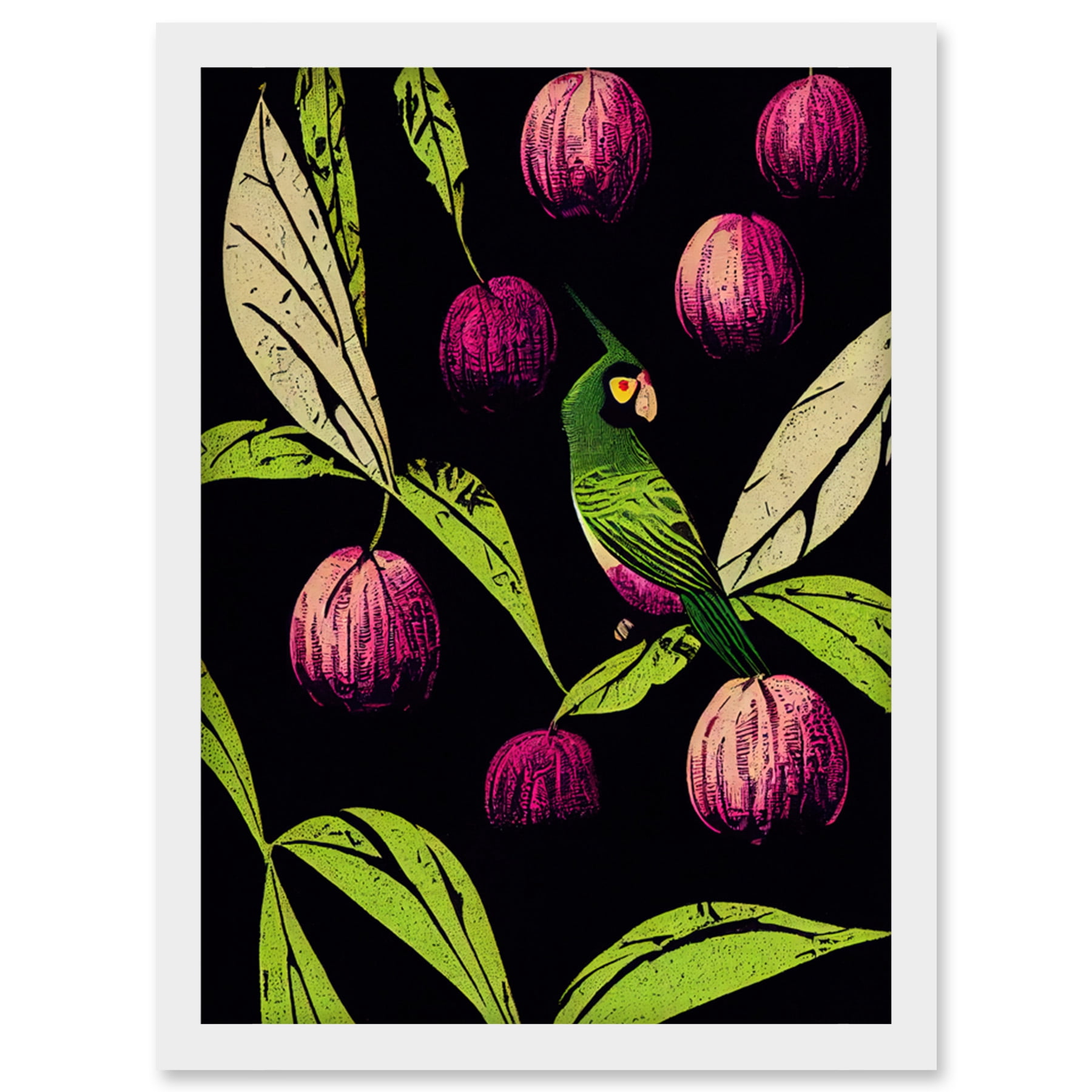 Parrot in Tree Fruit Bright Green and Purple Black Colour Linocut ...