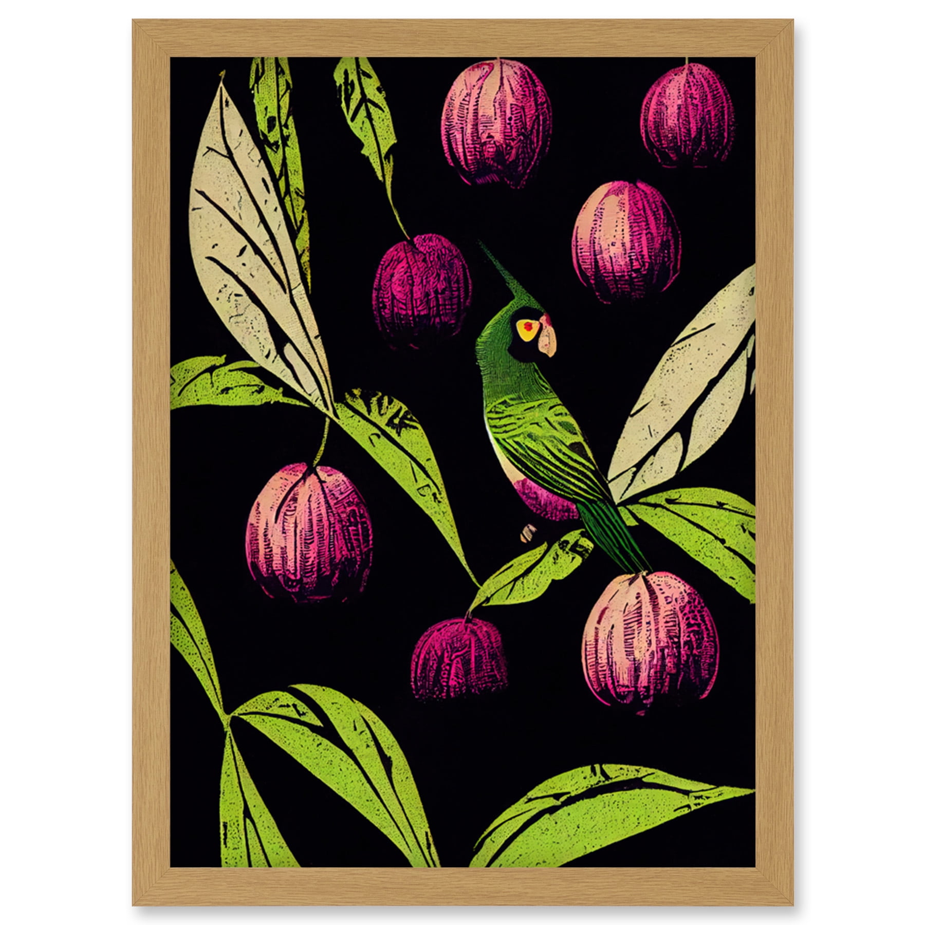 Parrot in Tree Fruit Bright Green and Purple Black Colour Linocut ...