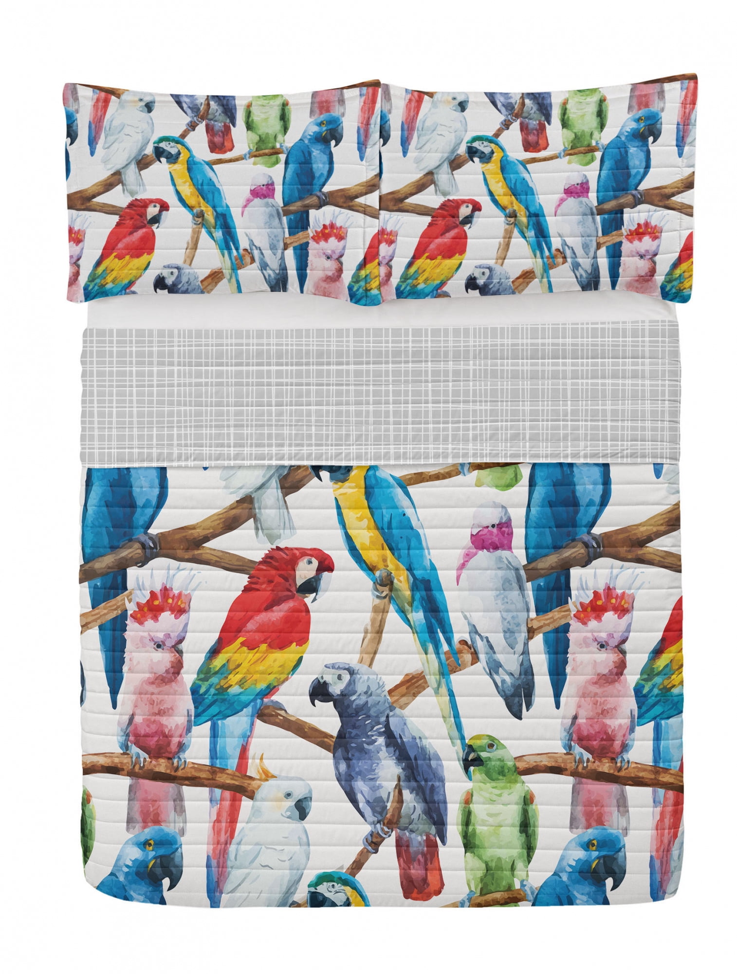 Parrots Reversible Bedspread Set, Colorful Parrots on Tree Branches ...