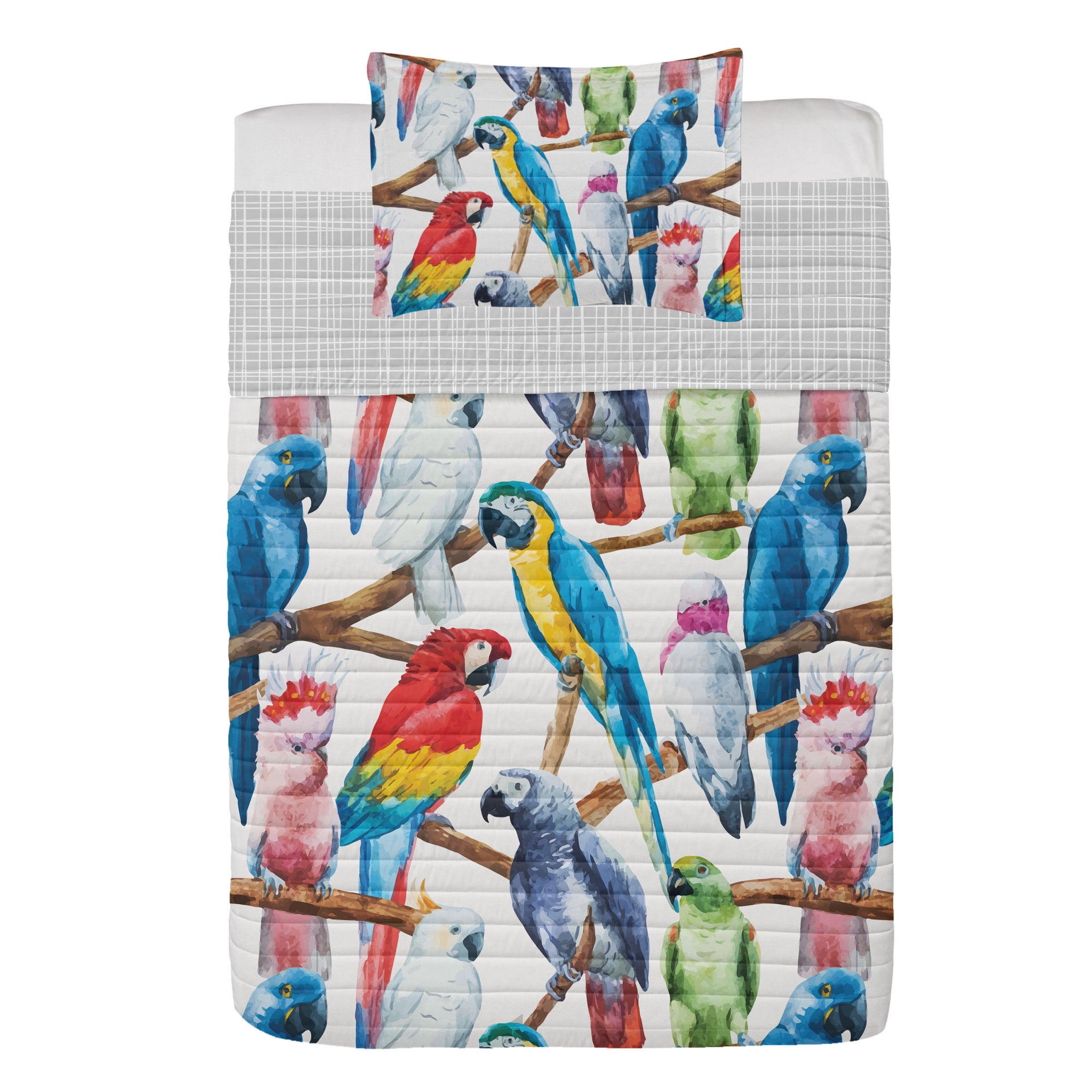 Parrots Reversible Bedspread Set, Colorful Parrots on Tree Branches ...