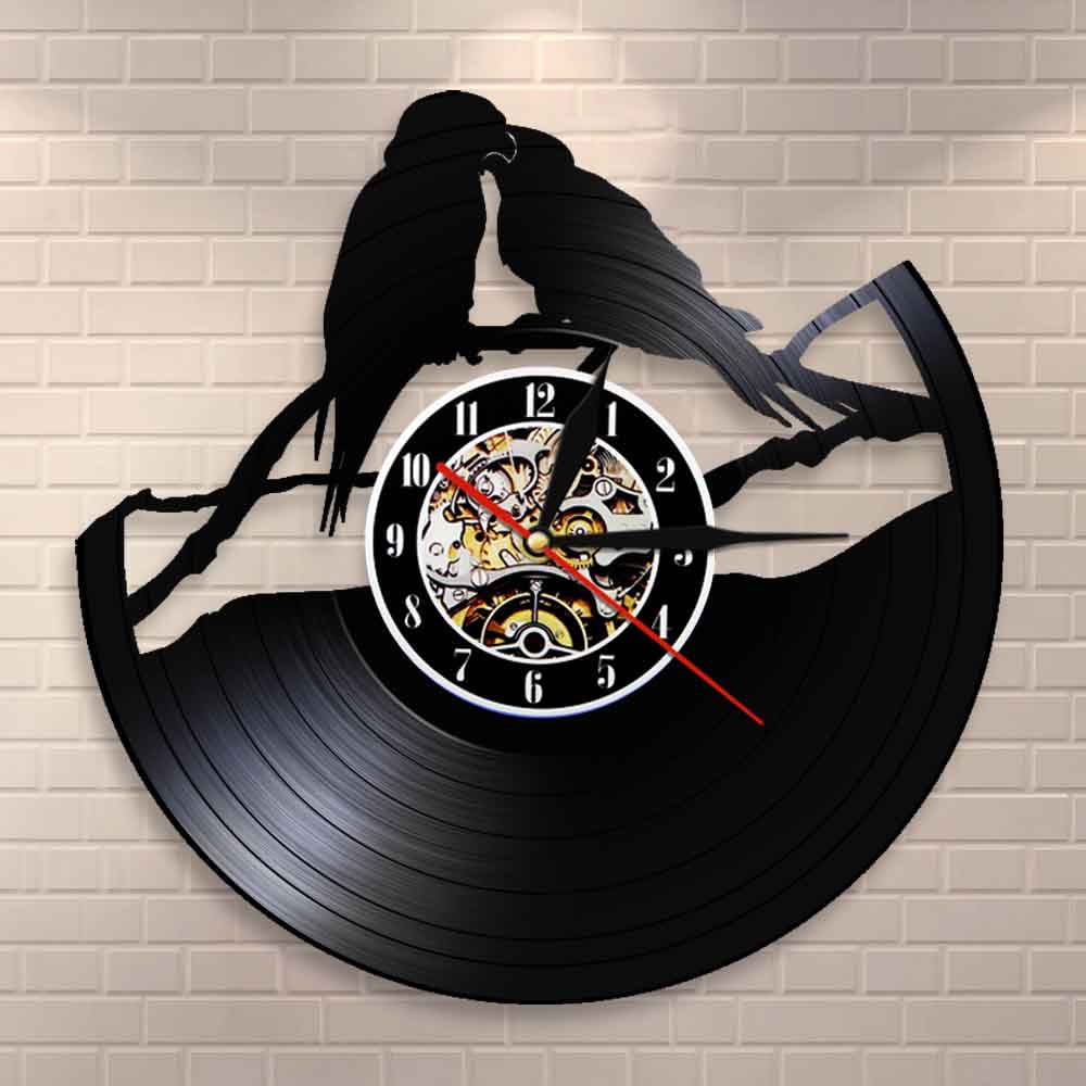 Parrots on Branch Vinyl Record Clock Parrot Couple Aviary Wall Decor ...