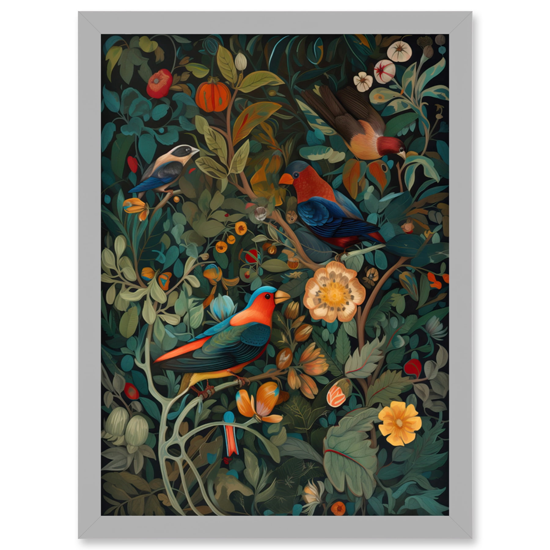 Parrots on Exotic Blooming Trees Modern Folk Art Artwork Framed Wall ...