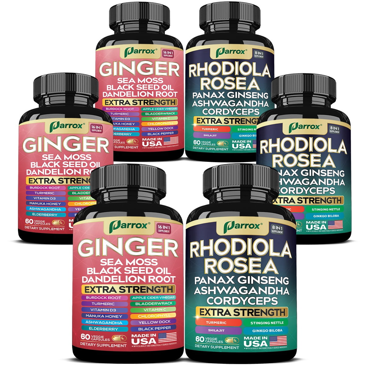Parrox Dynamic Duo Herbal Bundle, Ginger, Rhodiola Rosea, Sea Moss ...