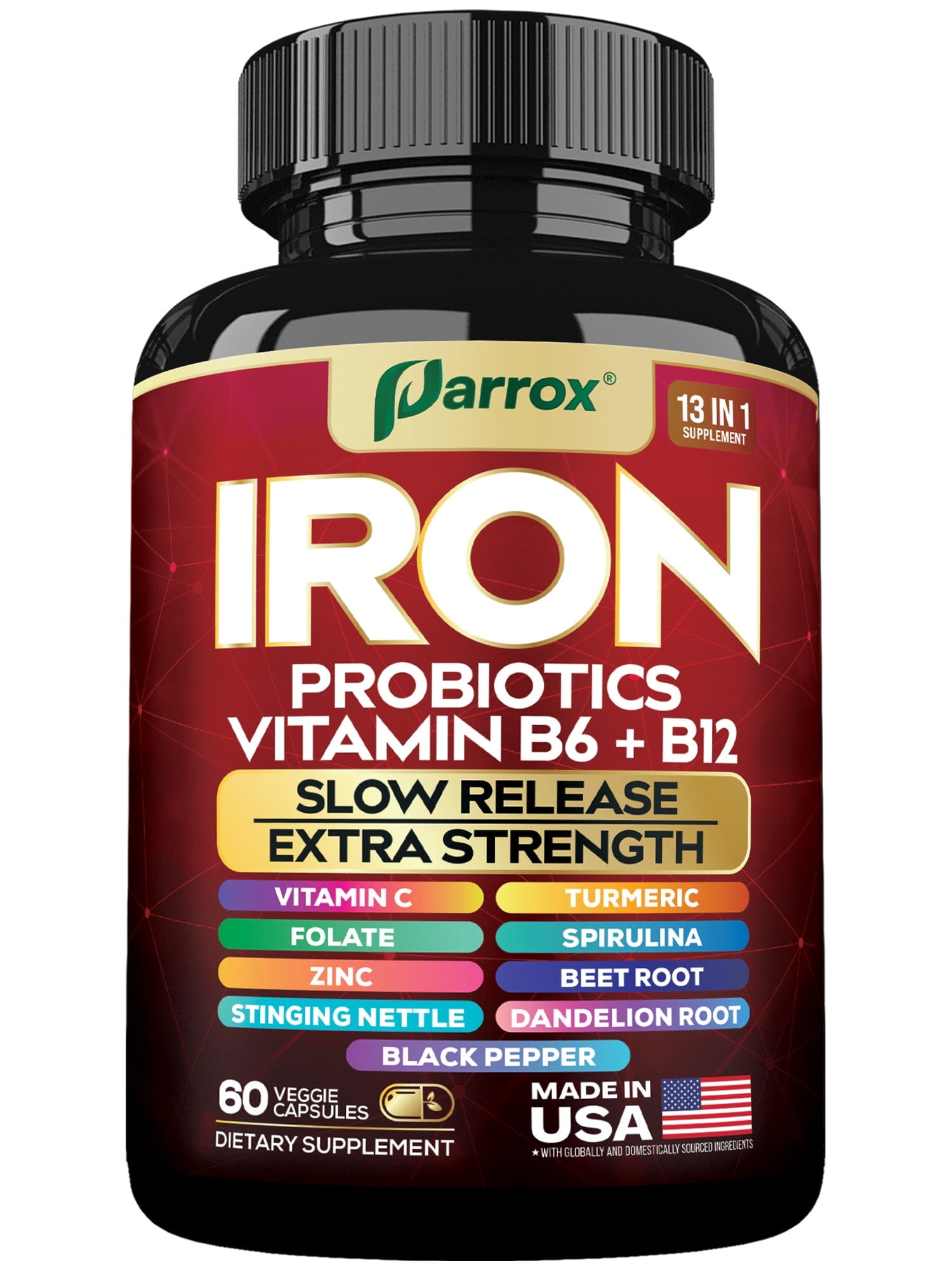Parrox Iron Supplement with Slow Release Iron, Probiotics, Spirulina ...