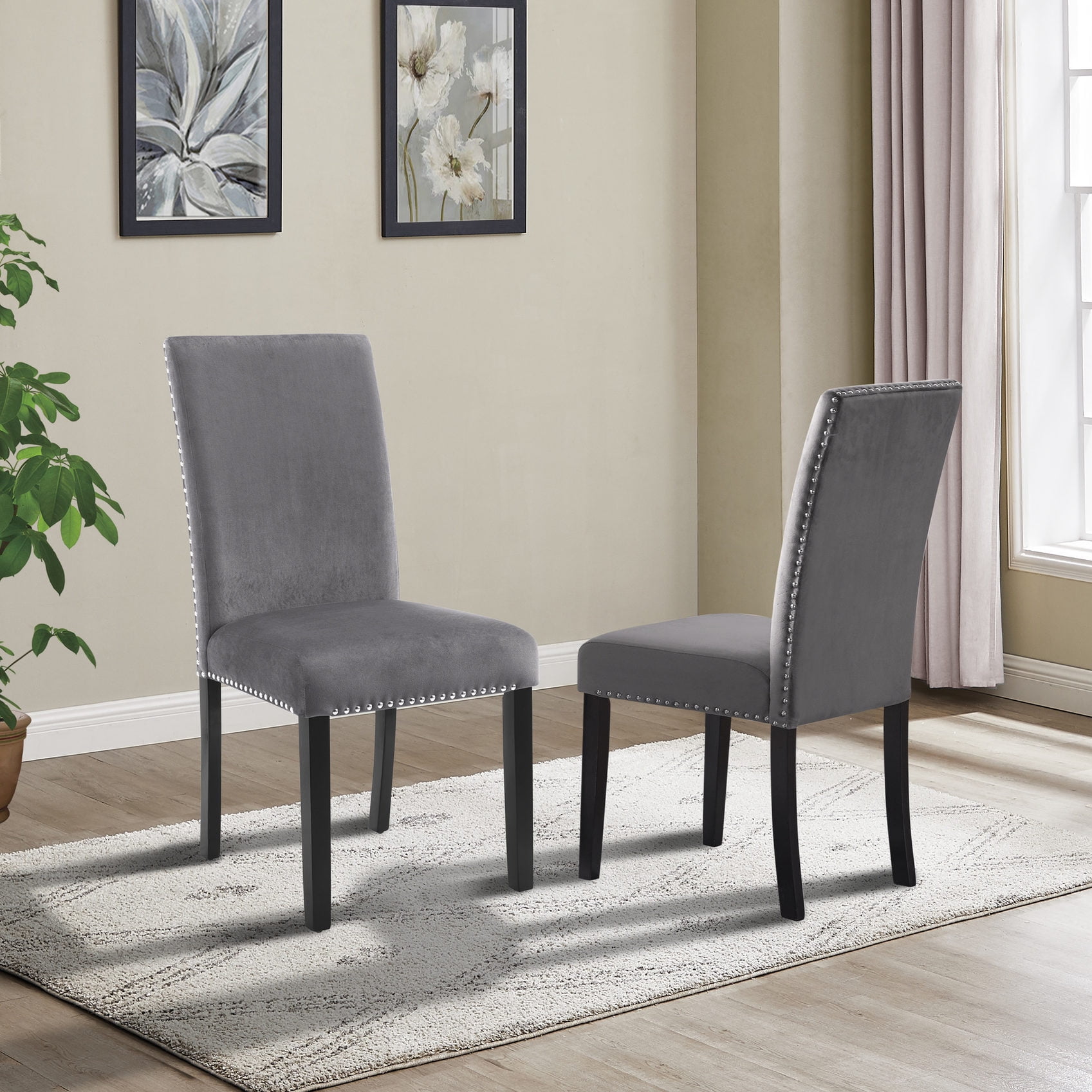 Parsons Style Gray Chairs | Solid Wood Legs & Nailhead | Formal Dining ...