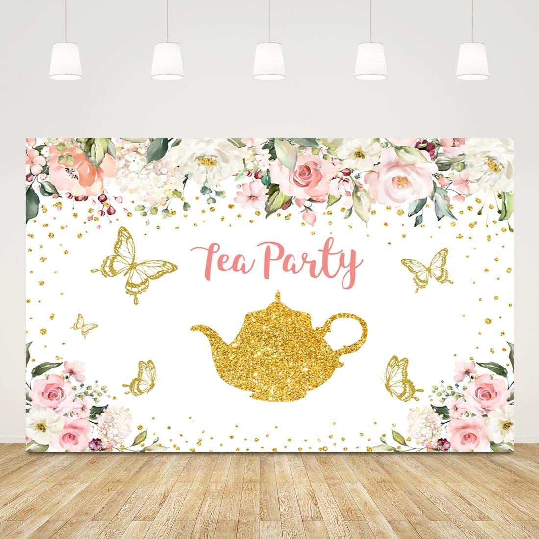 Let's Partea Backdrop for Photography Pink and Gold Floral Tea Party ...
