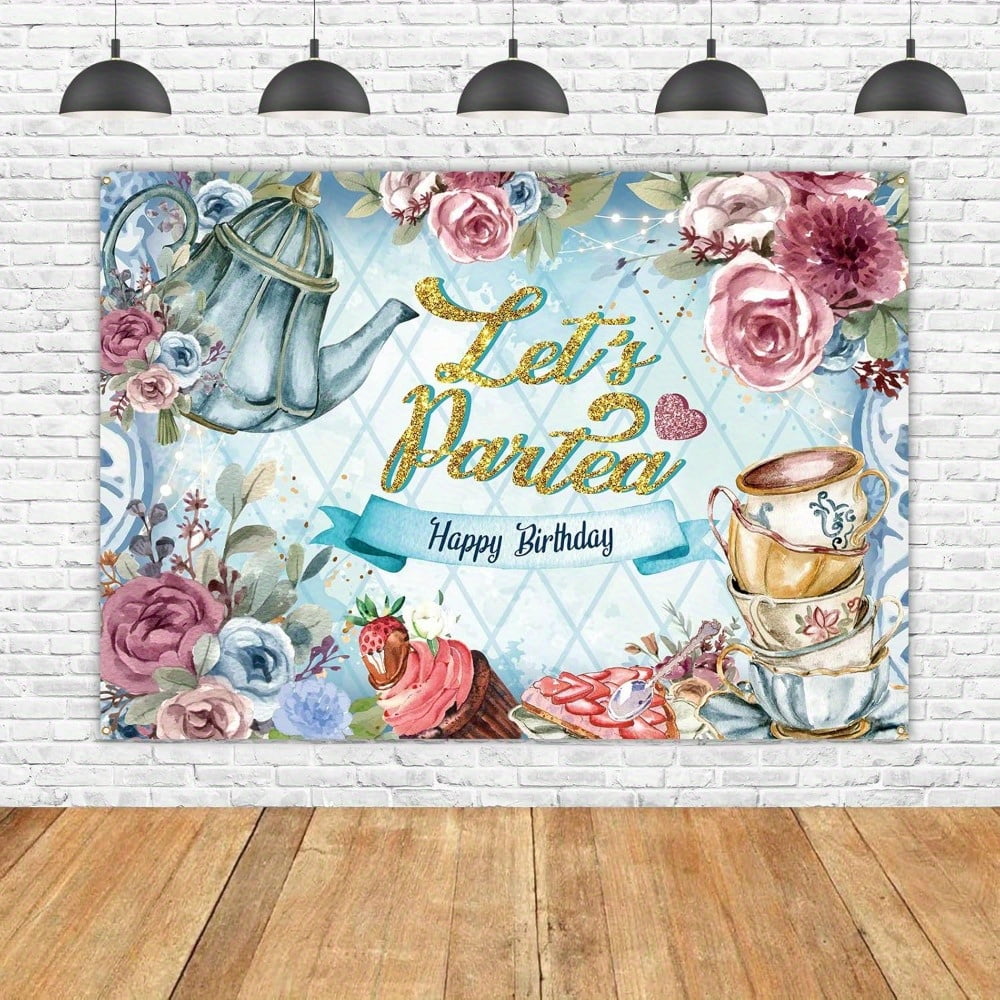 Let's Partea Backdrop Pink Blue Floral Tea Party Photography Background ...