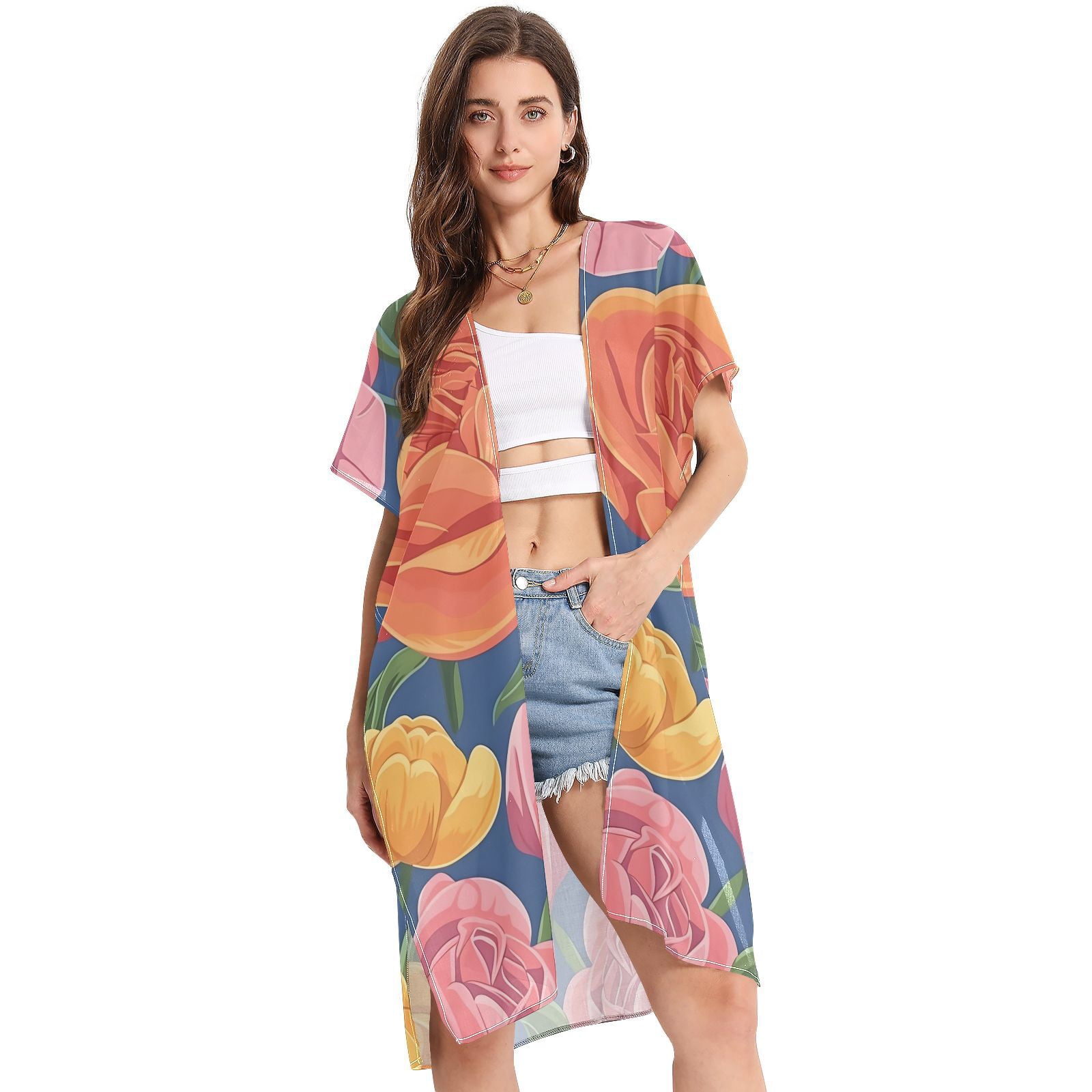 Partern Flowers Women Swimsuit Cover up V Neck Beach Dress Short Sleeve ...