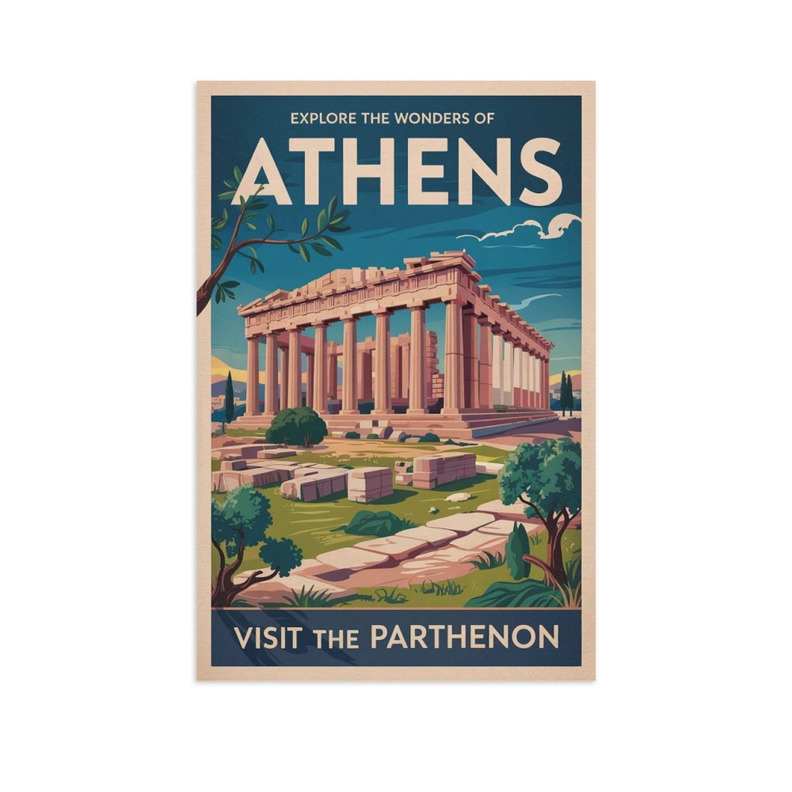 Parthenon Classic Poster Retro Athens Cityscape with Historic Acropolis ...