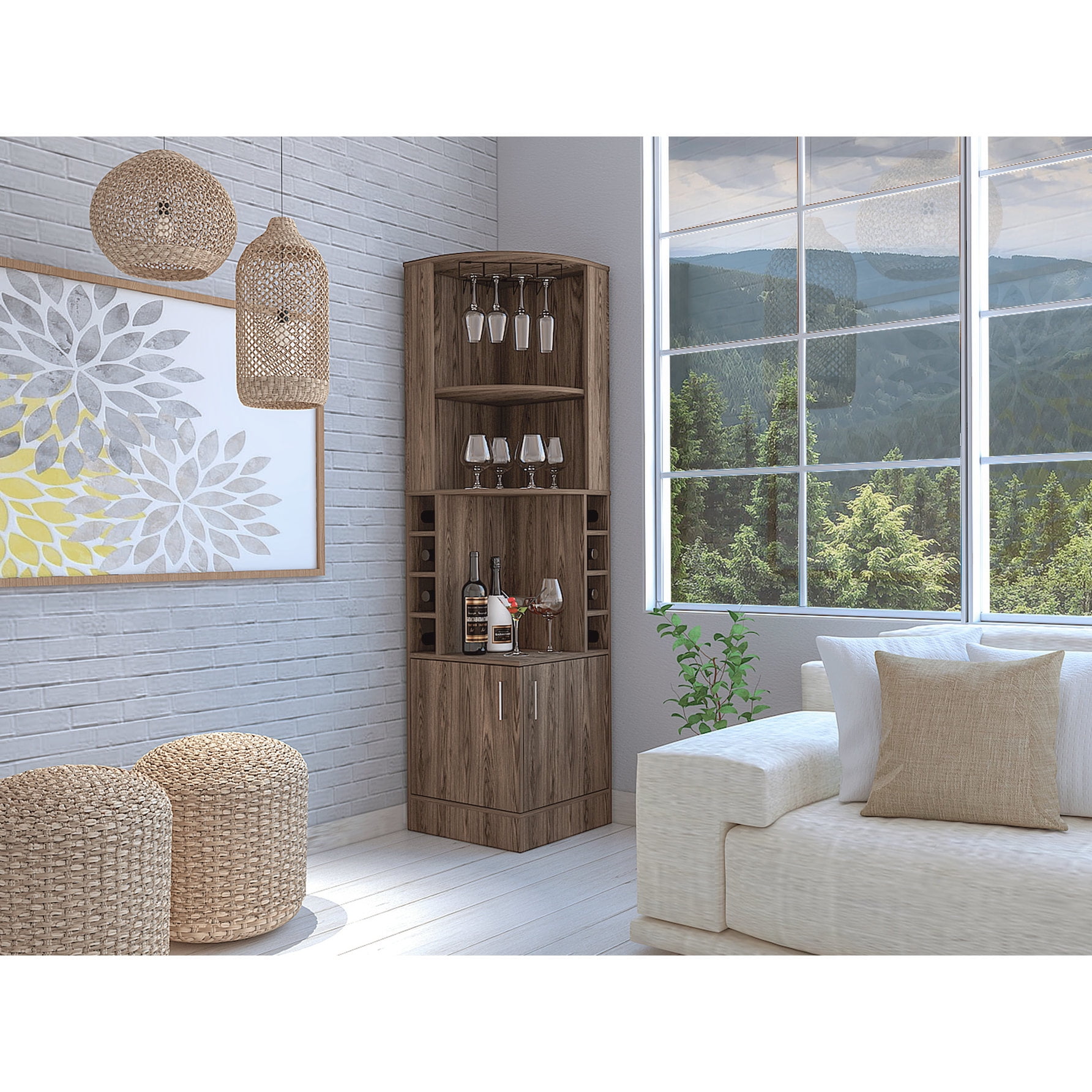 Particle Board Corner Bar Cabinet with Storage Cubbies | Enhance Your ...