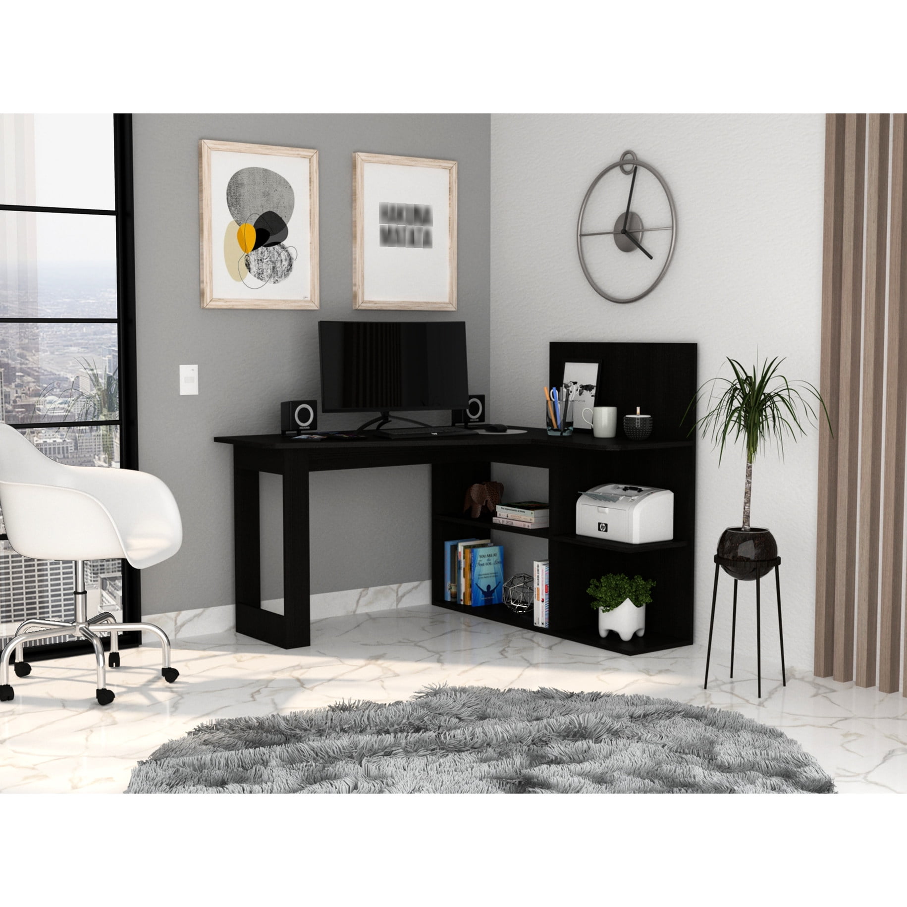 Particle Board L-Shaped Desk+Sturdy Shelves”-“Wall - Mounted Use+Keep ...