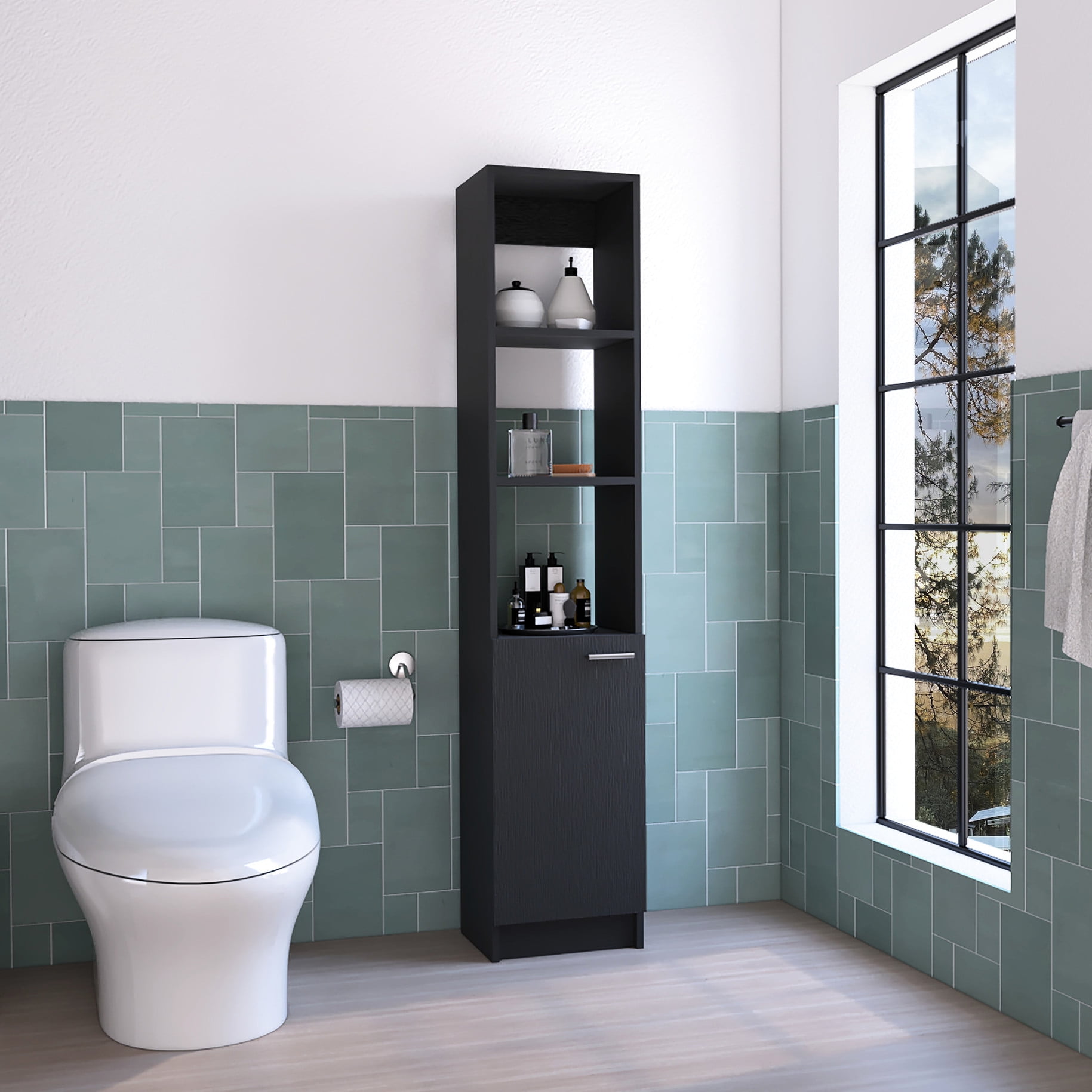 Particle Board Linen Cabinet with Black Finish - Adds Style to Laundry ...