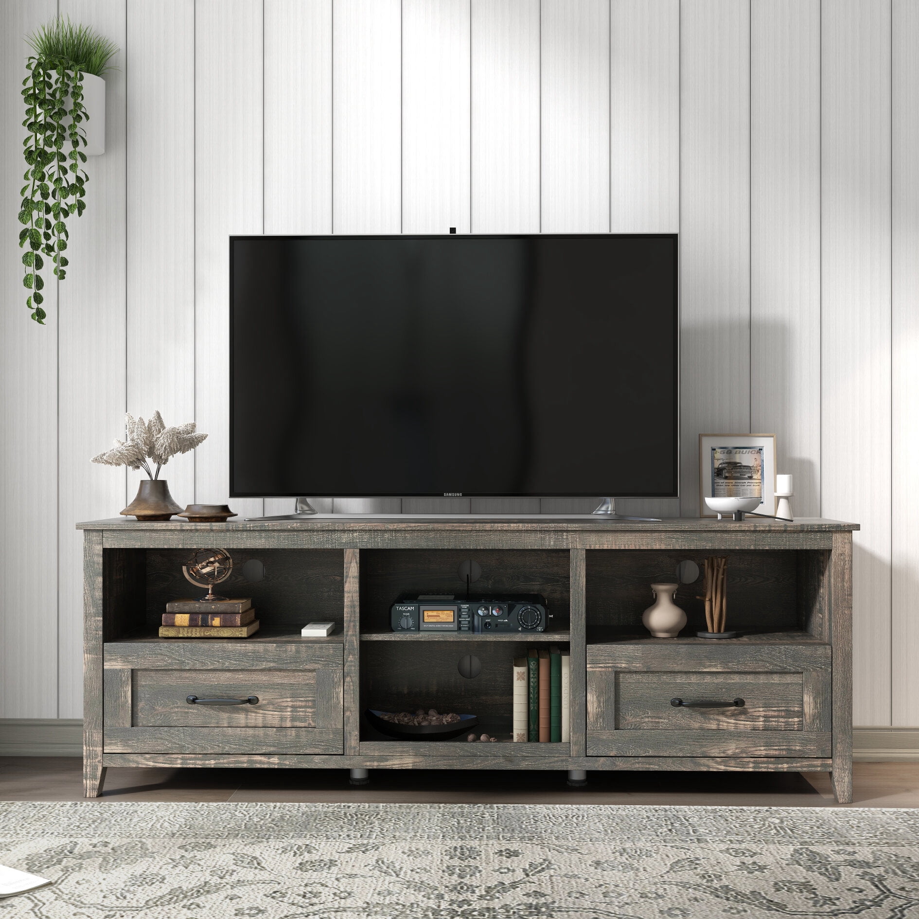 Particle Board TV Stand with 4 Open Storage Compartments Cabinets and 2 ...