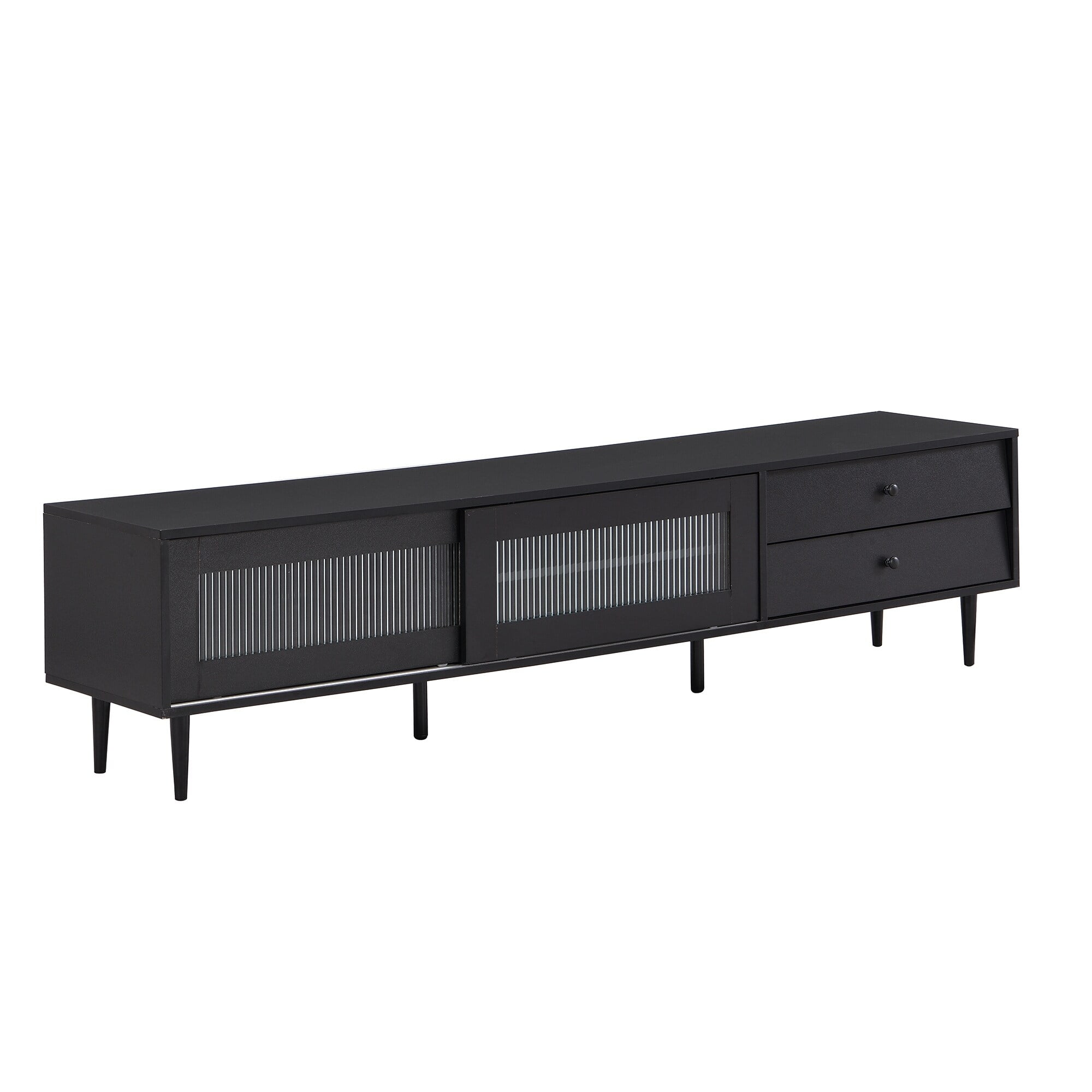 Particle Board TV Stand With Sliding Fluted Glass Doors Large Storage ...