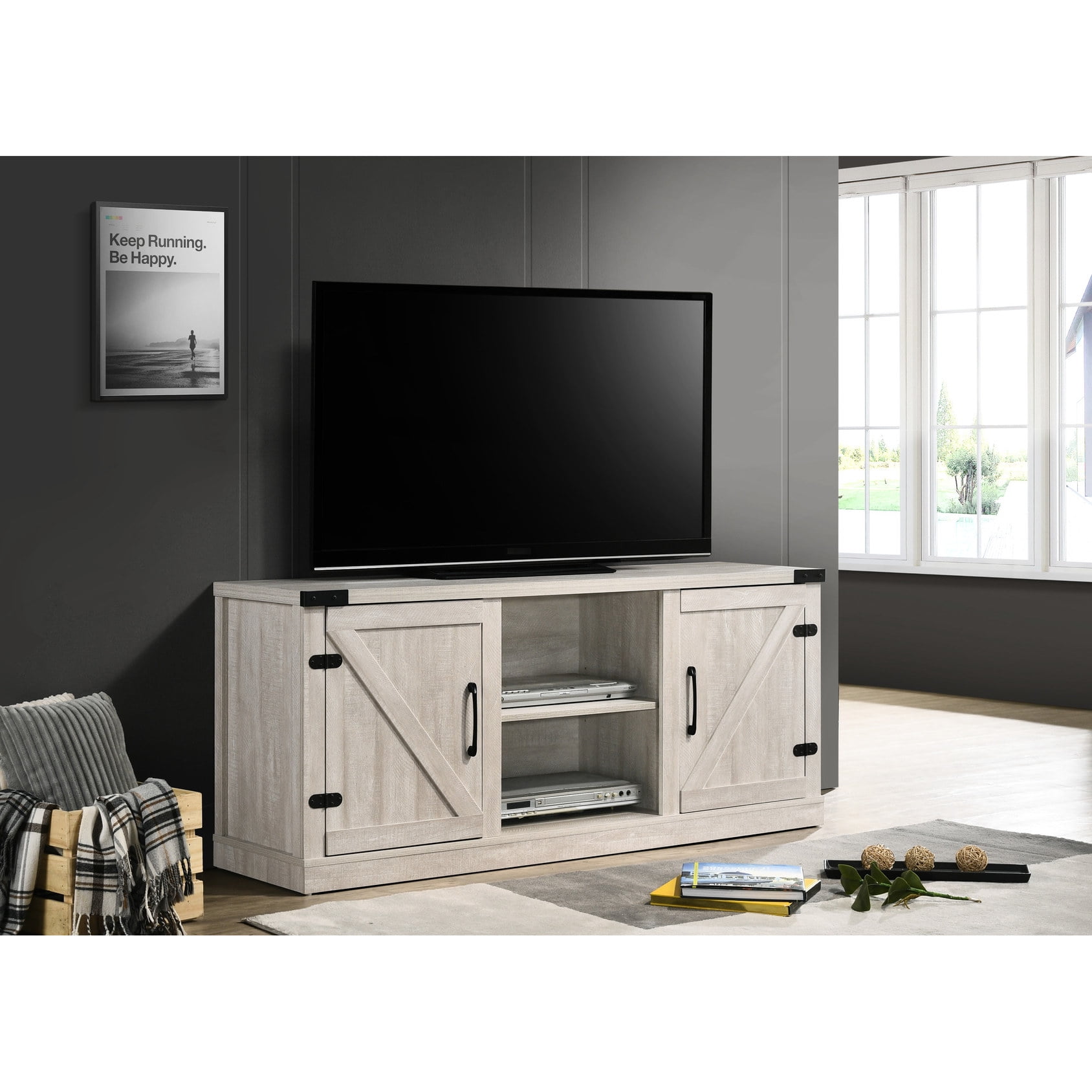 Particle Board TV Stand with 2 Barn Cabinets & Shelves / Holds 63-inch ...