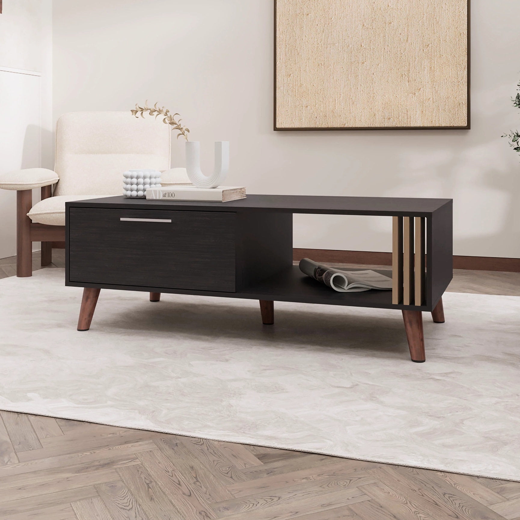 Particle board materiality - Easy access to open storage - Living room use case - Display and ...