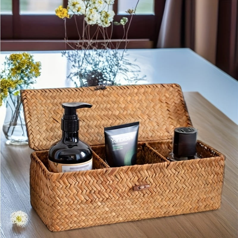 Partitioned Storage Box, Handcrafted Woven Storage Basket, Rectangular ...
